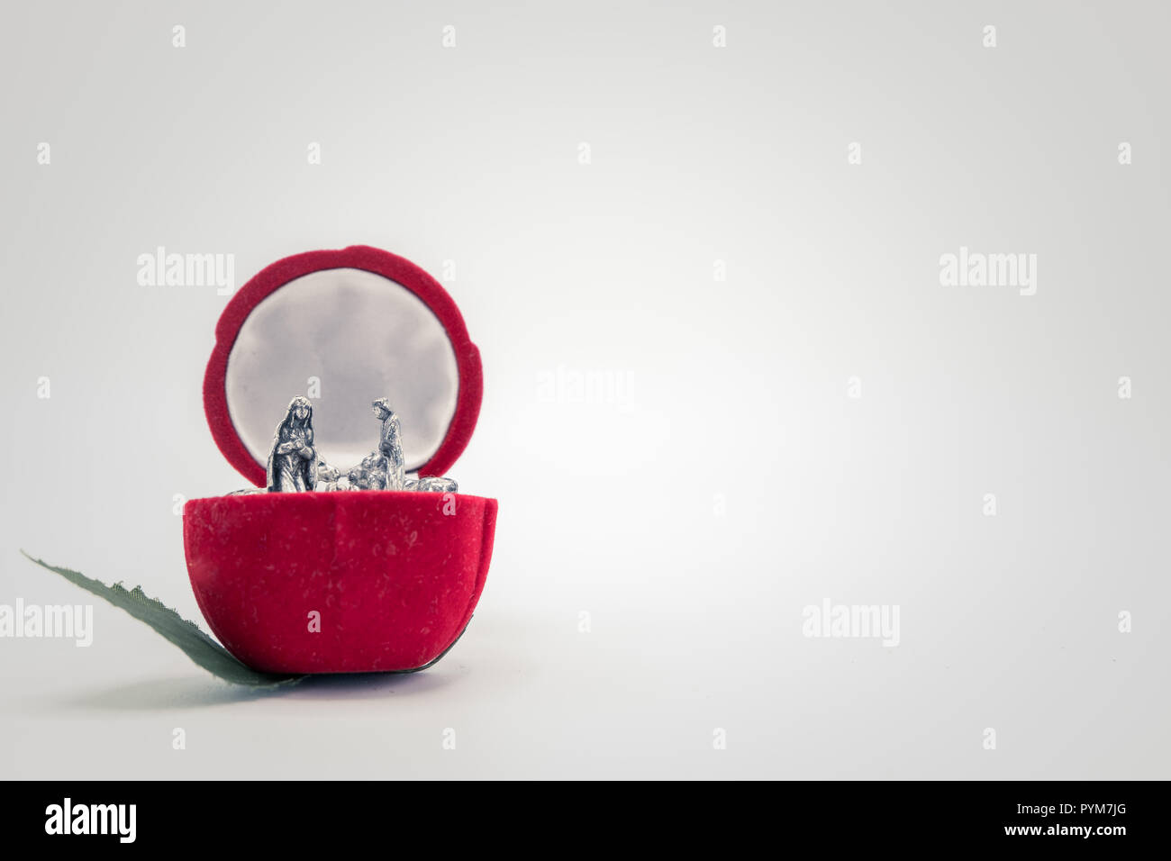 Christian nativity scene silver figures inside a red rose flower jewel ...