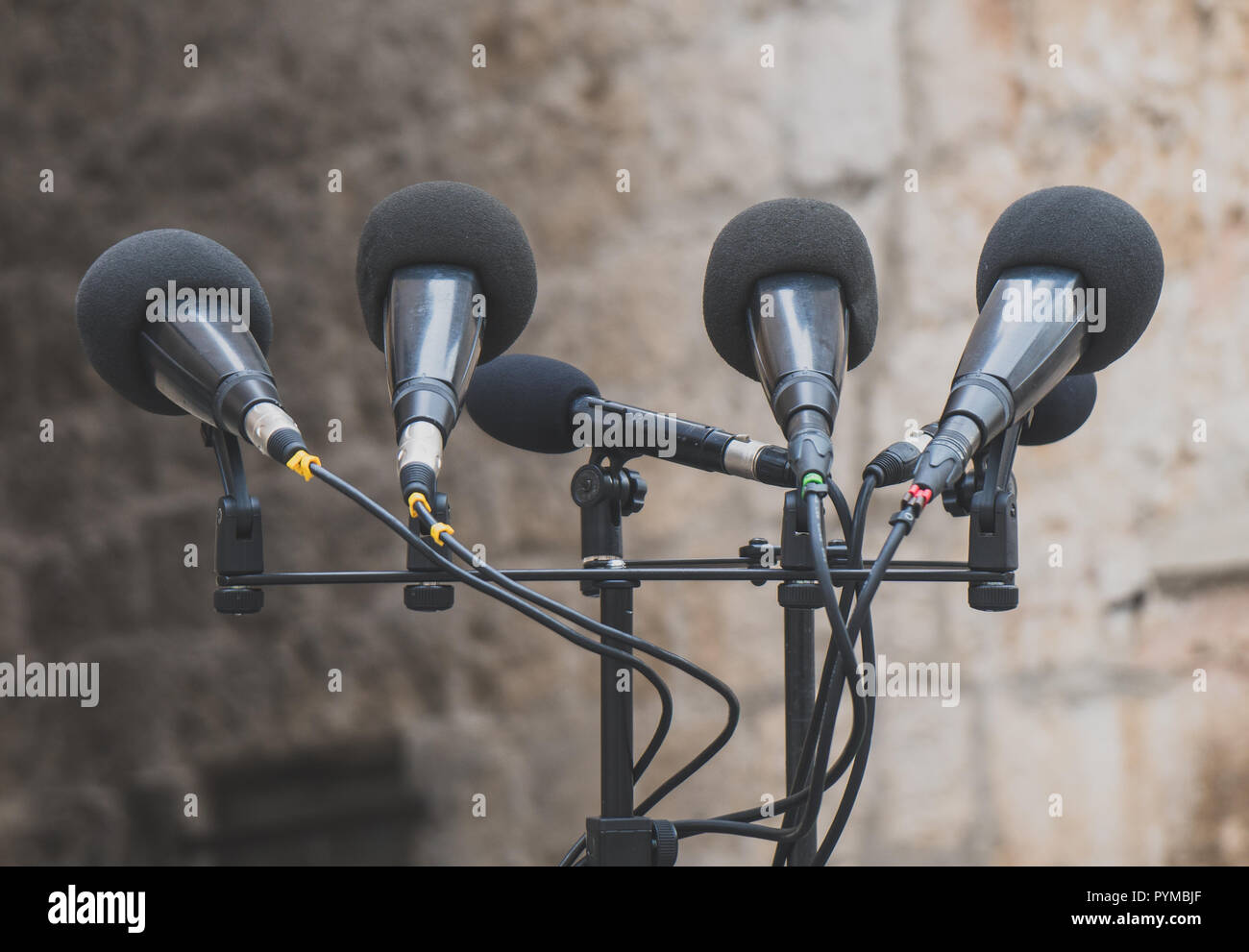 Microphones prepared for press conference on the street Stock Photo - Alamy