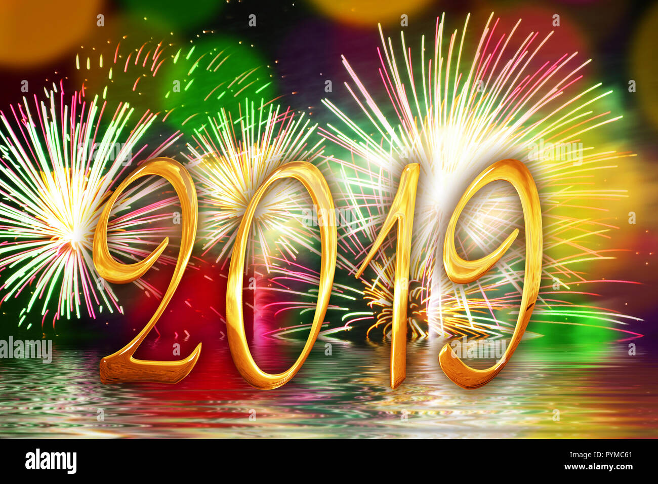 2019 golden numbers, fireworks background Stock Photo - Alamy