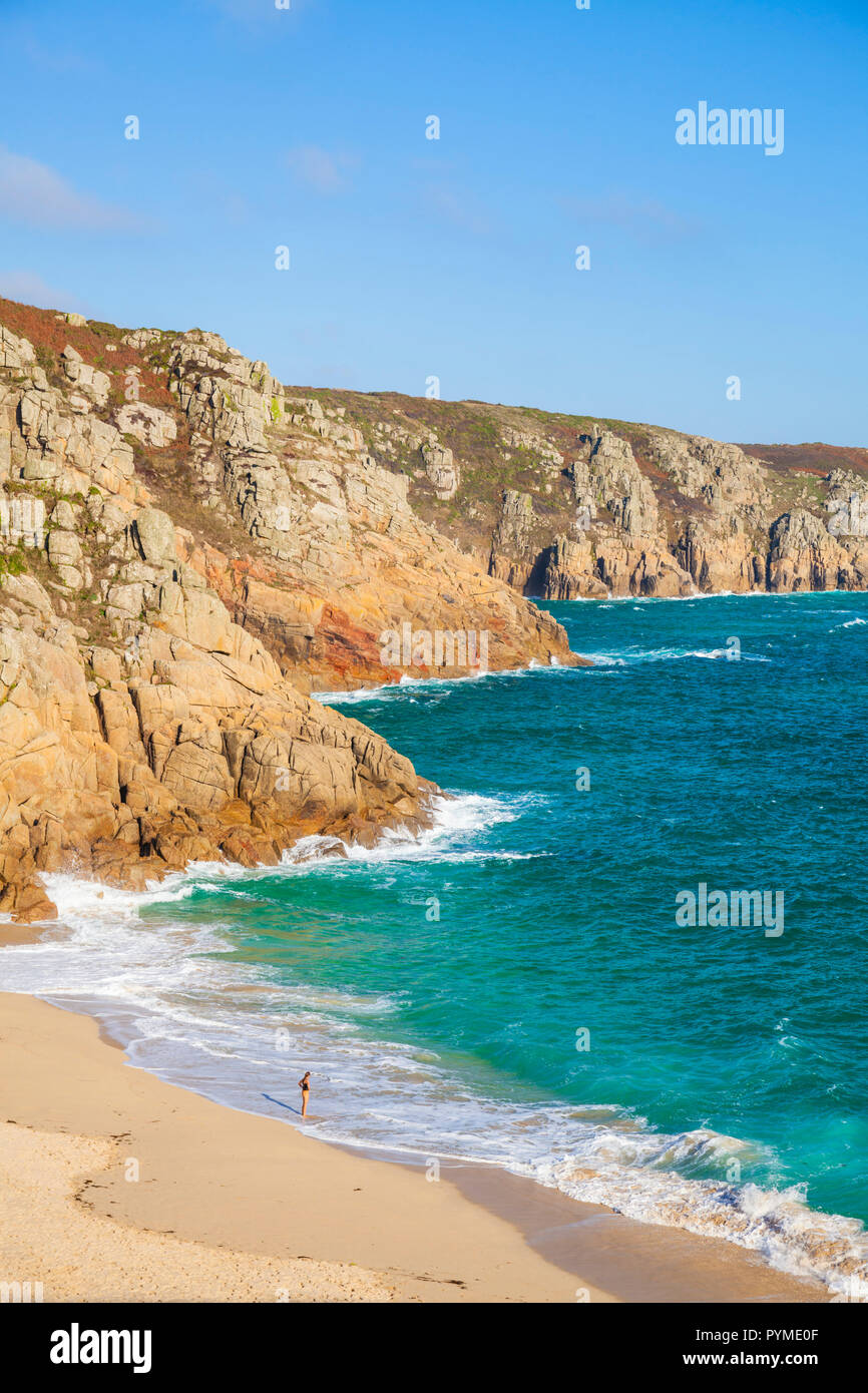 Cornwall Porthcurno beach One swimmer braving the cold water to swim ...