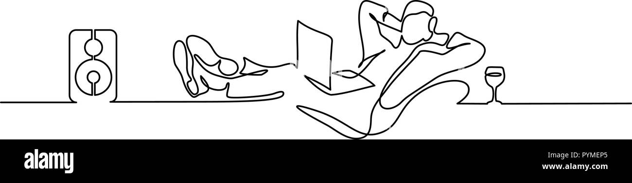 Continuous one line drawing. Young man relaxing in armchair, sitting ...