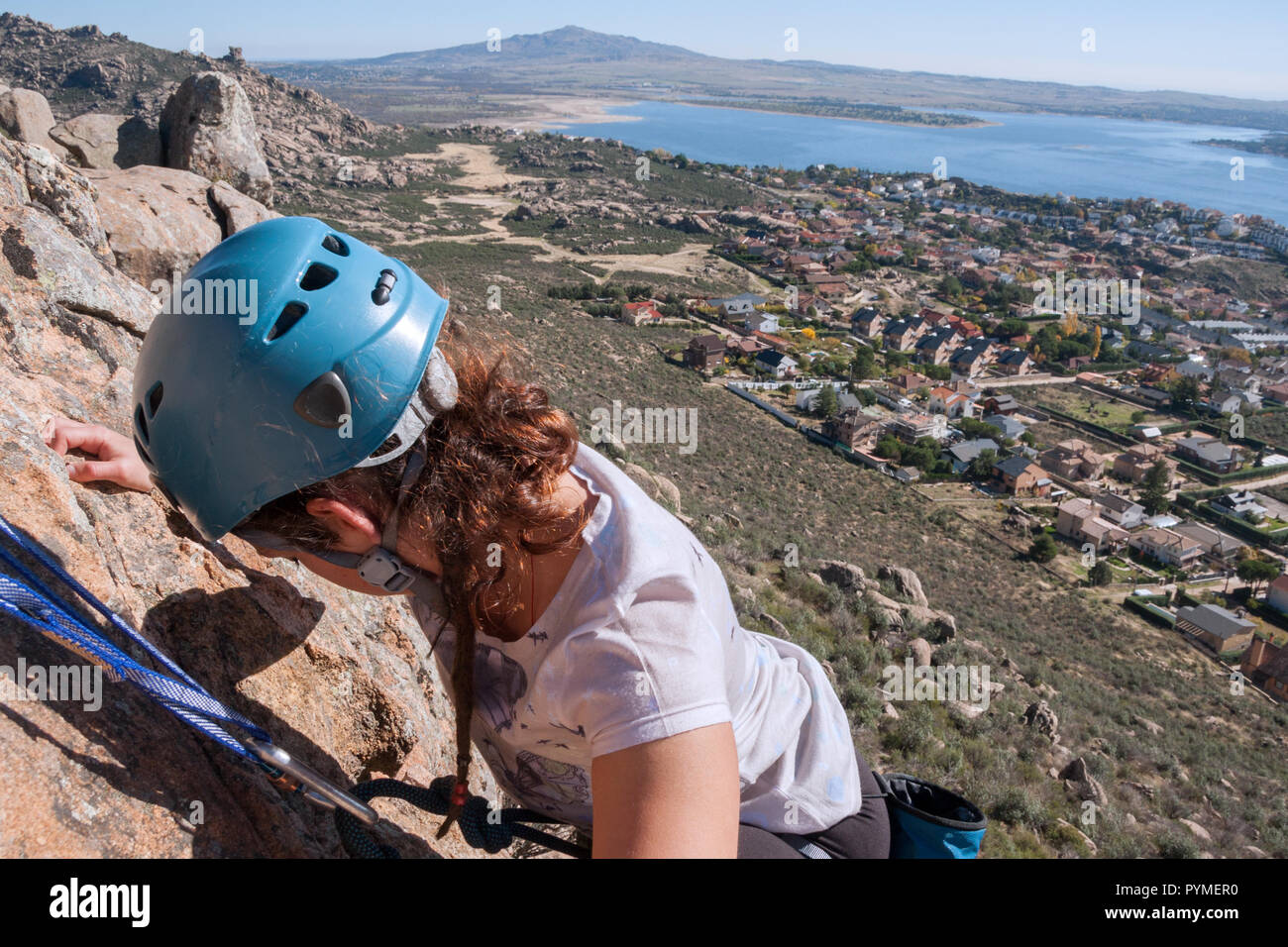La Pedriza, Madrid, Spain. Close up of Female rock climber with blue ...