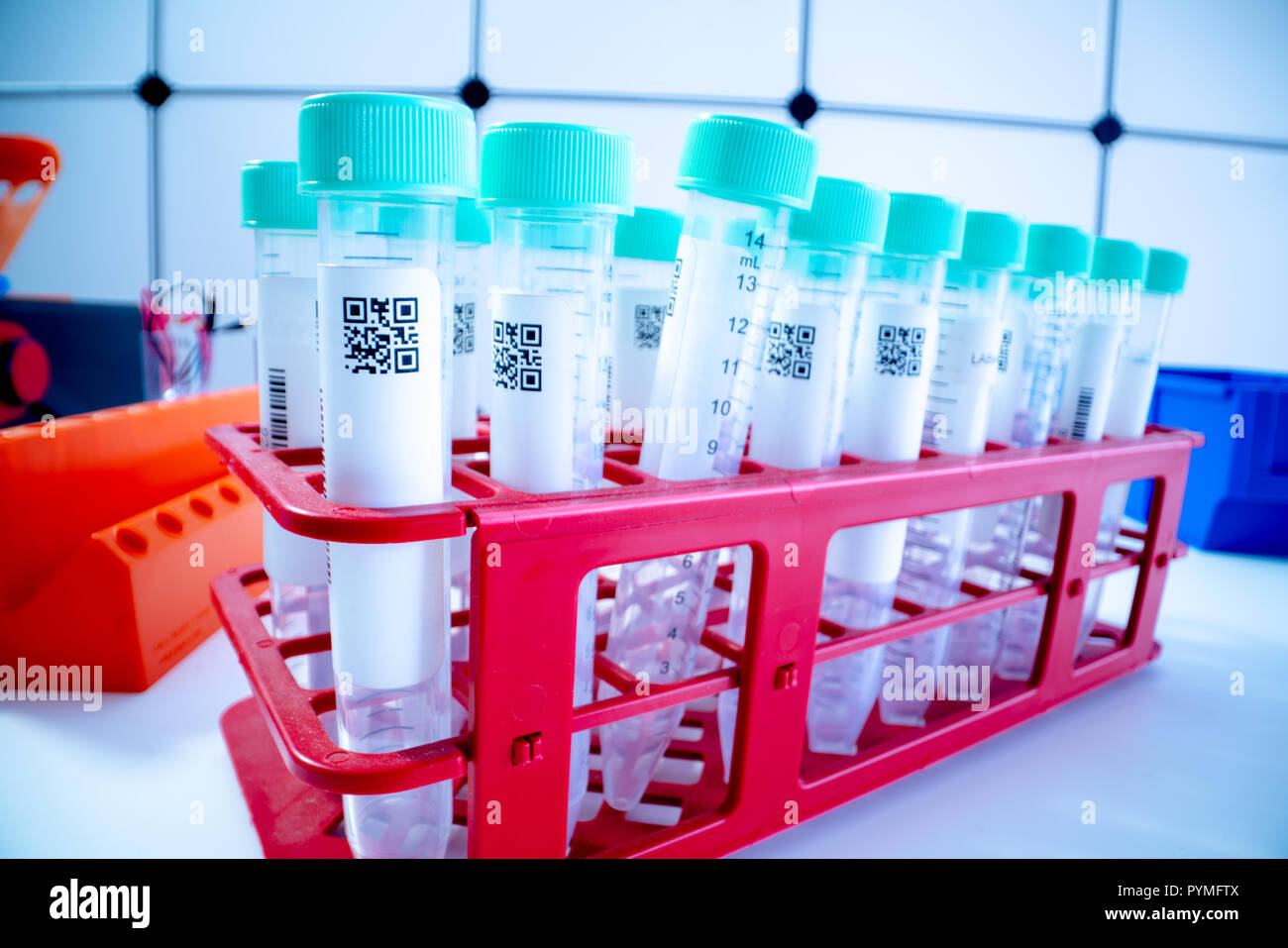 Closed test tube with barcode QR biological sample. Toned Image. Test ...