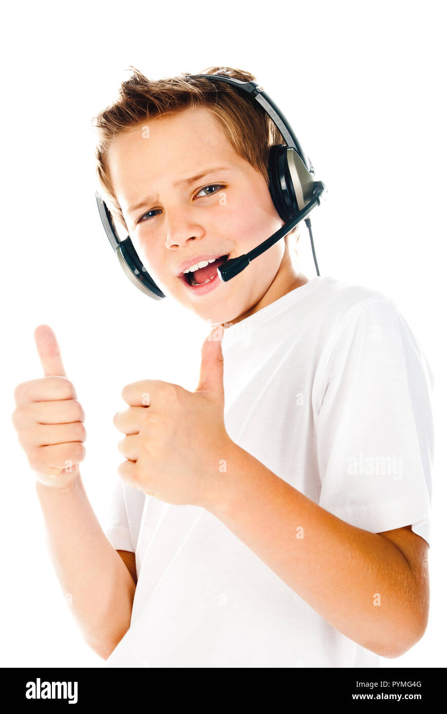 little boy with headset isolated on a white background Stock Photo - Alamy