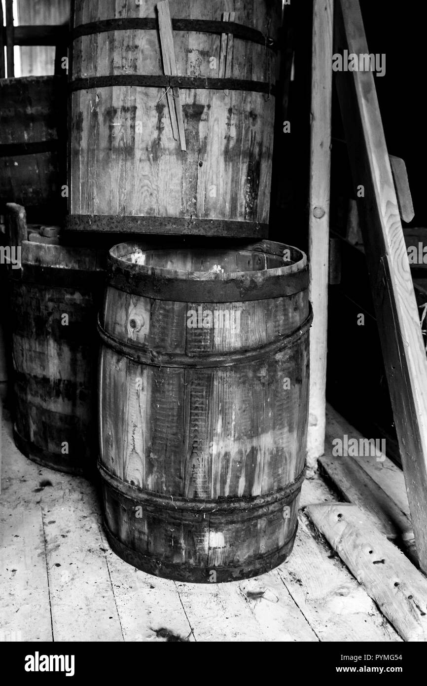 Rustic old oak wooden barrels in an old Swedish farm in northern Sweden ...