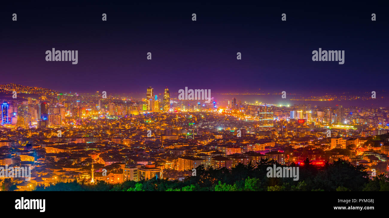Istanbul night view from the city center. Skyscrapers, hotels and ...