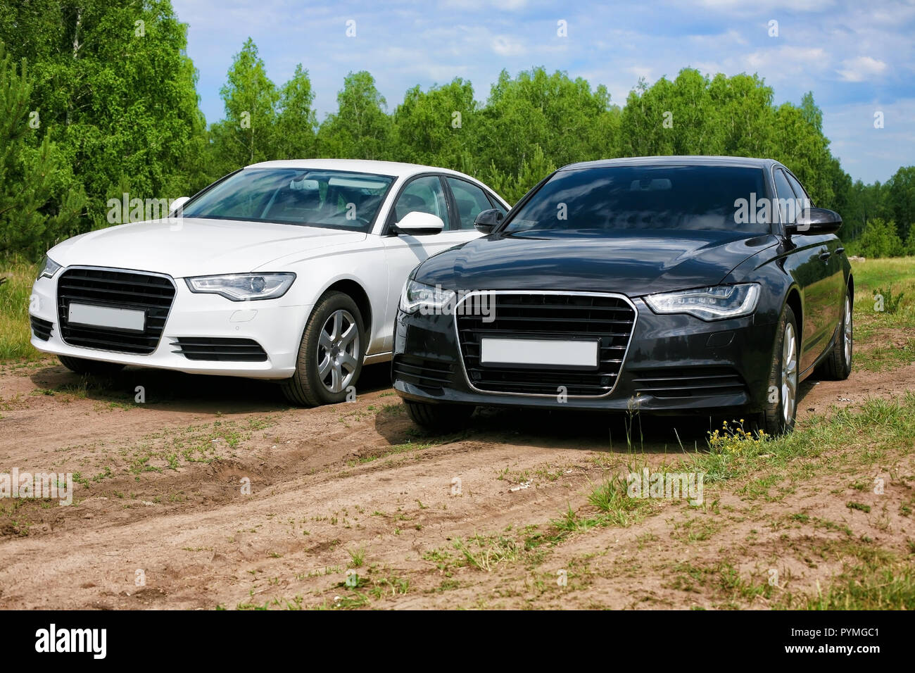 Two cars black and white on nature Stock Photo - Alamy