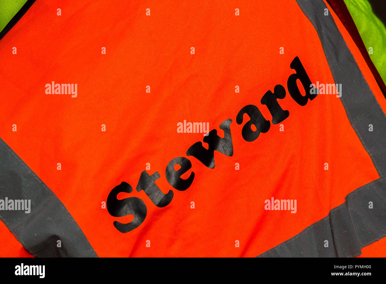 Steward on back of red tabard, event official Stock Photo - Alamy