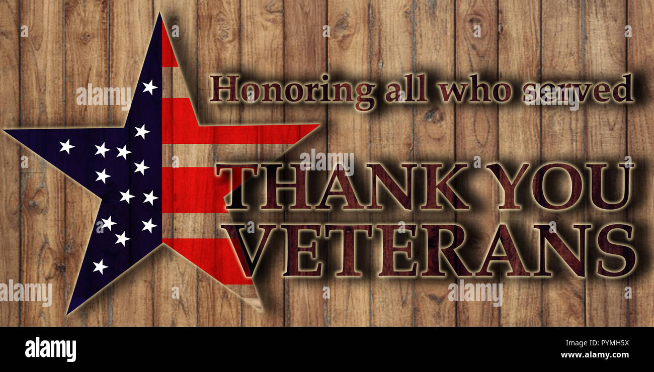 Thank you veterans, text on wooden background with american flag in ...