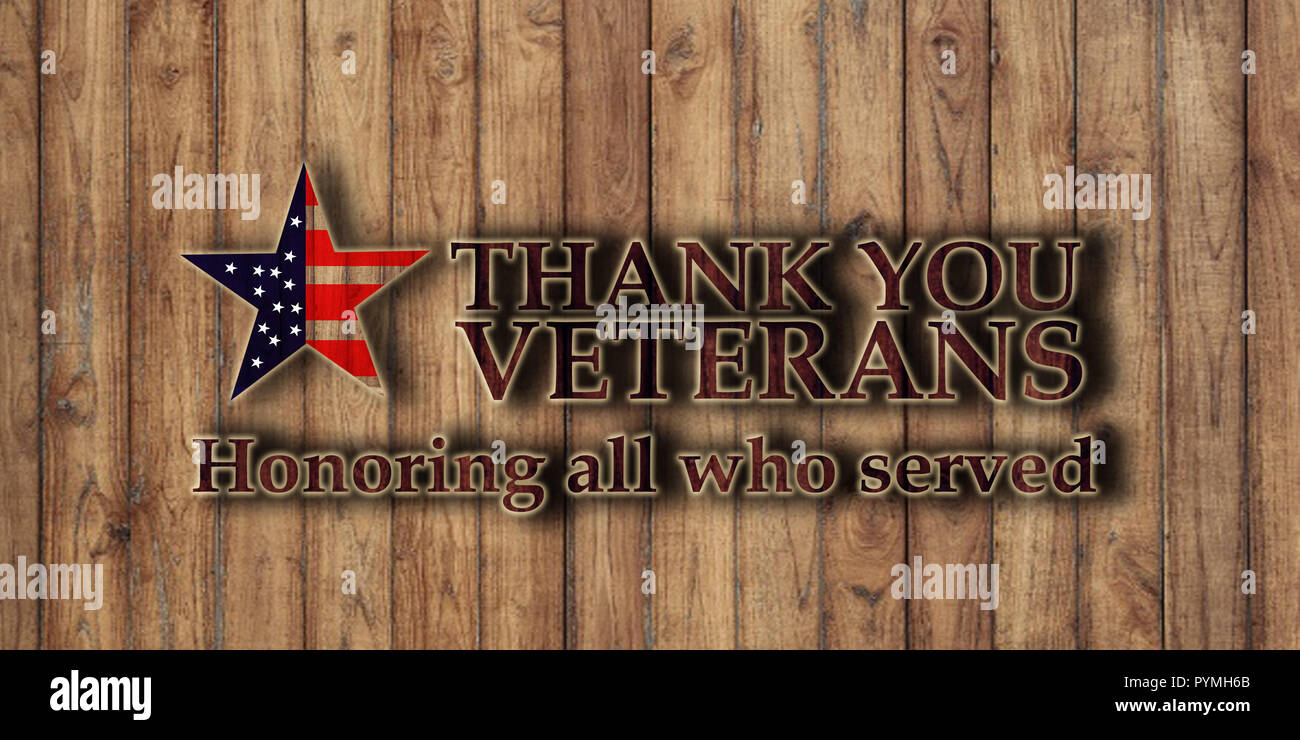 Thank you veterans, text on wooden background with american flag in ...