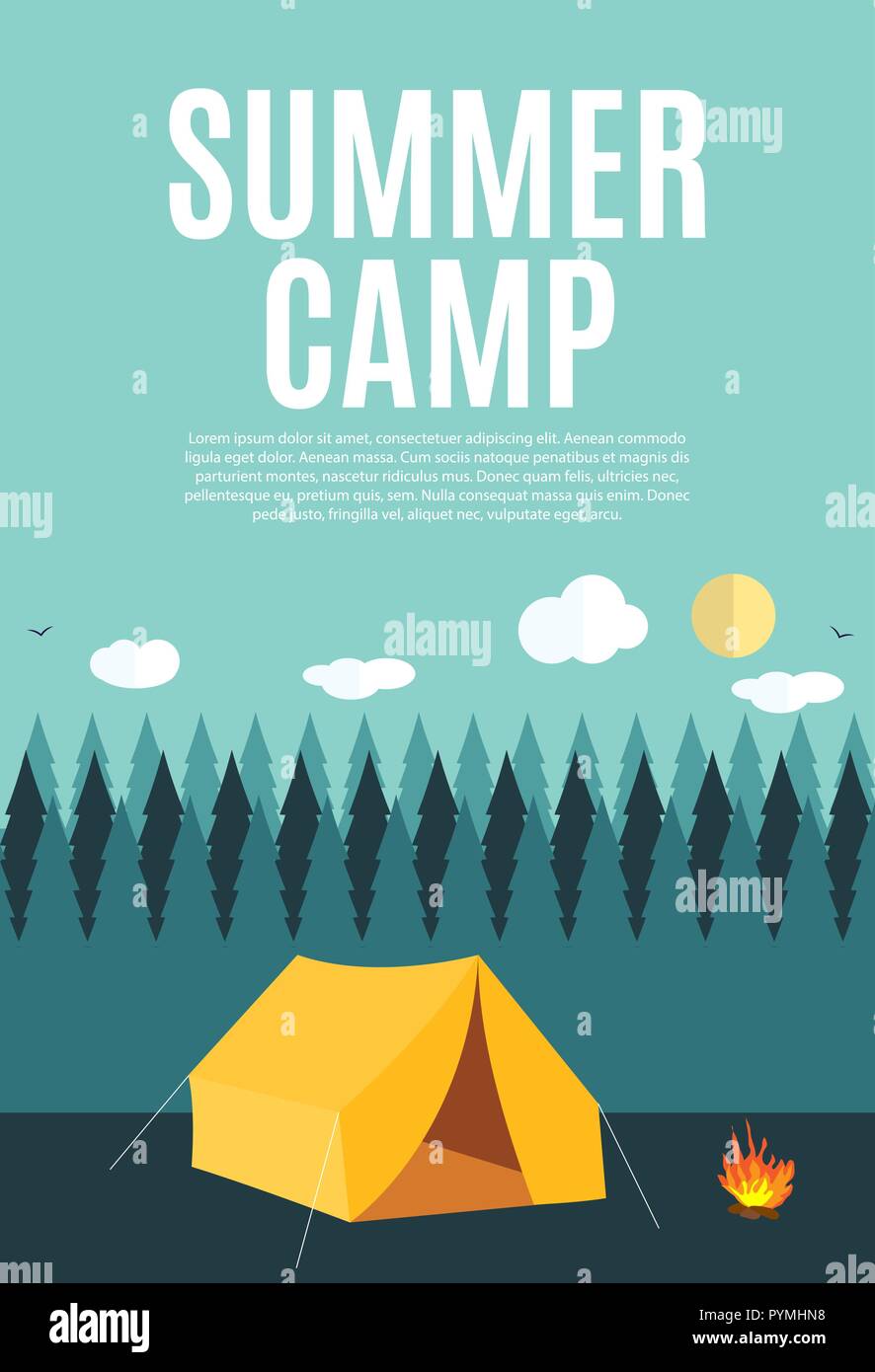 Summer Camping Nature Background in Modern Flat Style with Sample Text ...
