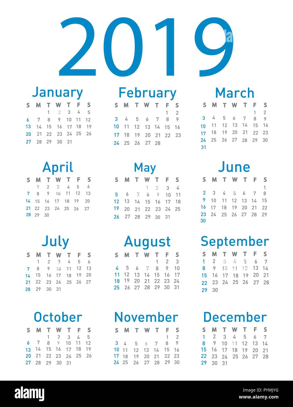 Calendar for 2019 vector illustration Stock Vector Image & Art - Alamy