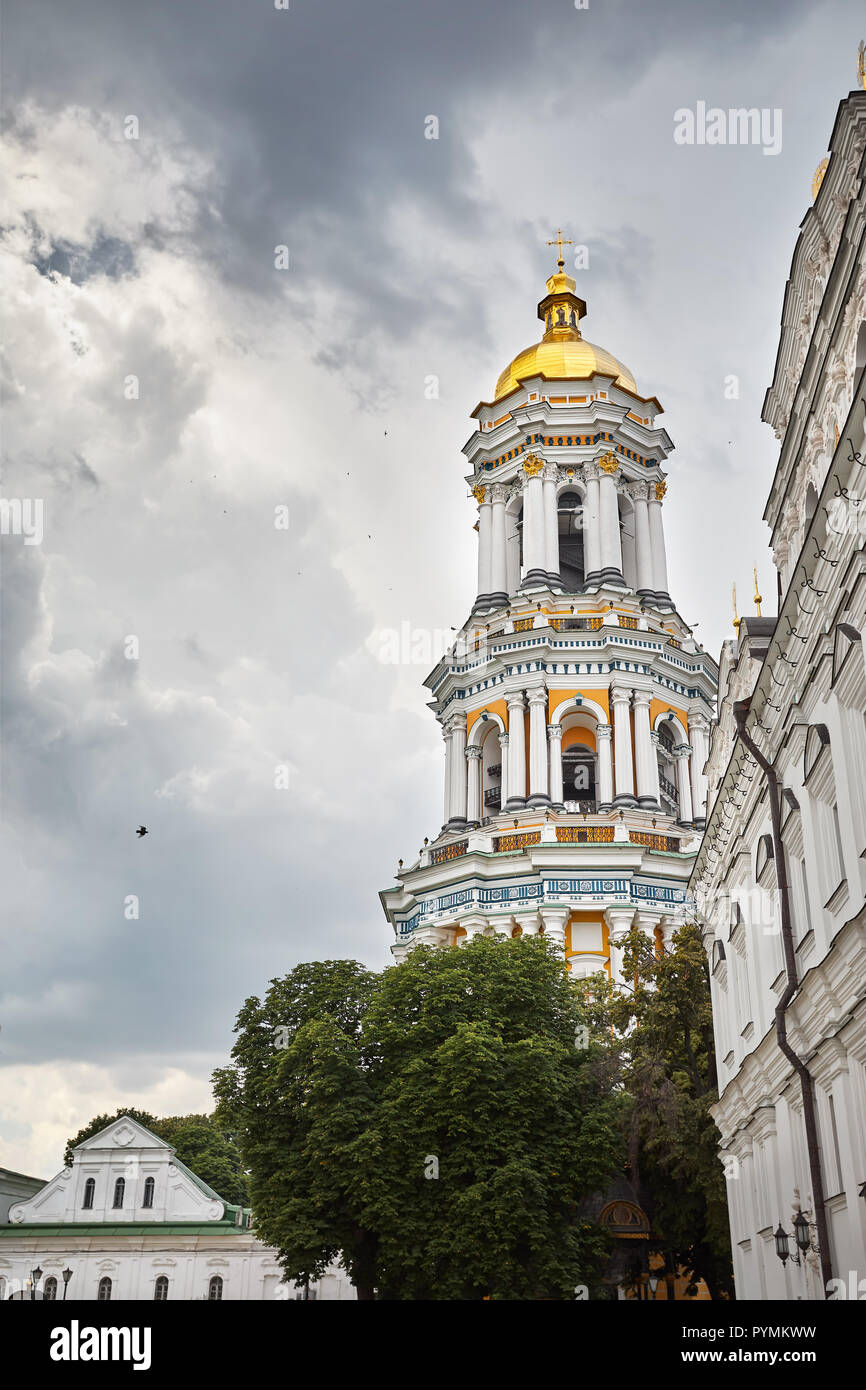 Bell Tower with golden dome at Kiev Pechersk Lavra Christian complex ...