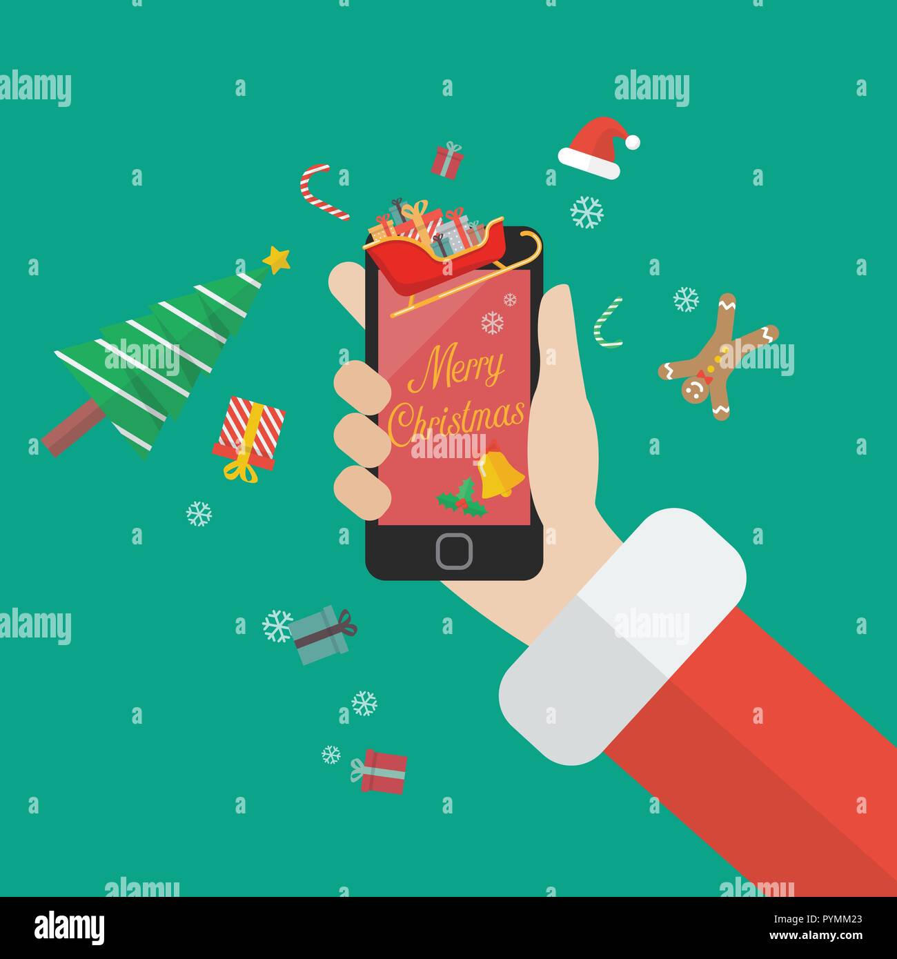 Santa Claus holding smartphone with merry christmas text. Vector ...