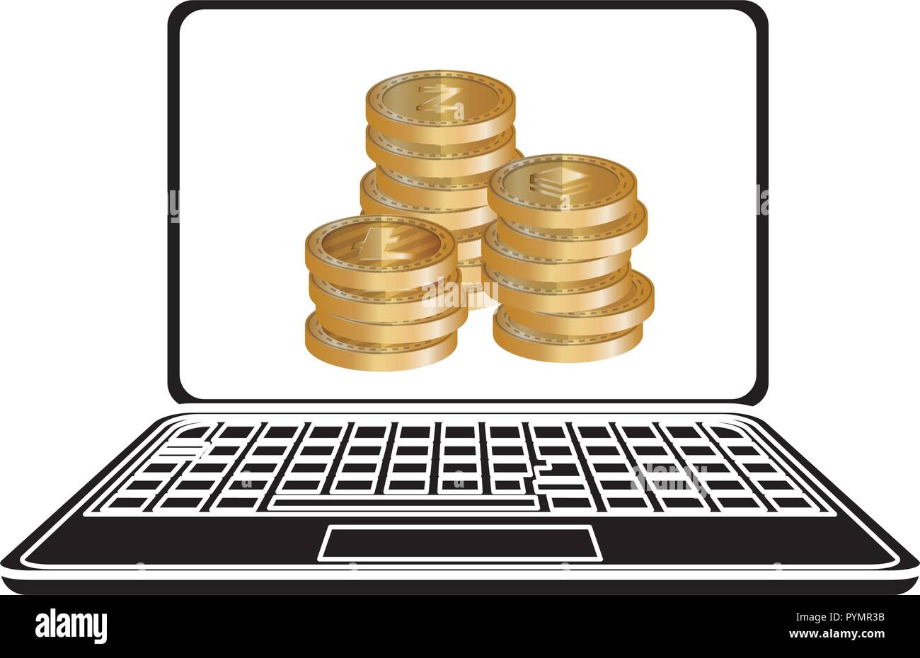 Laptop pile virtual coins hi-res stock photography and images - Alamy