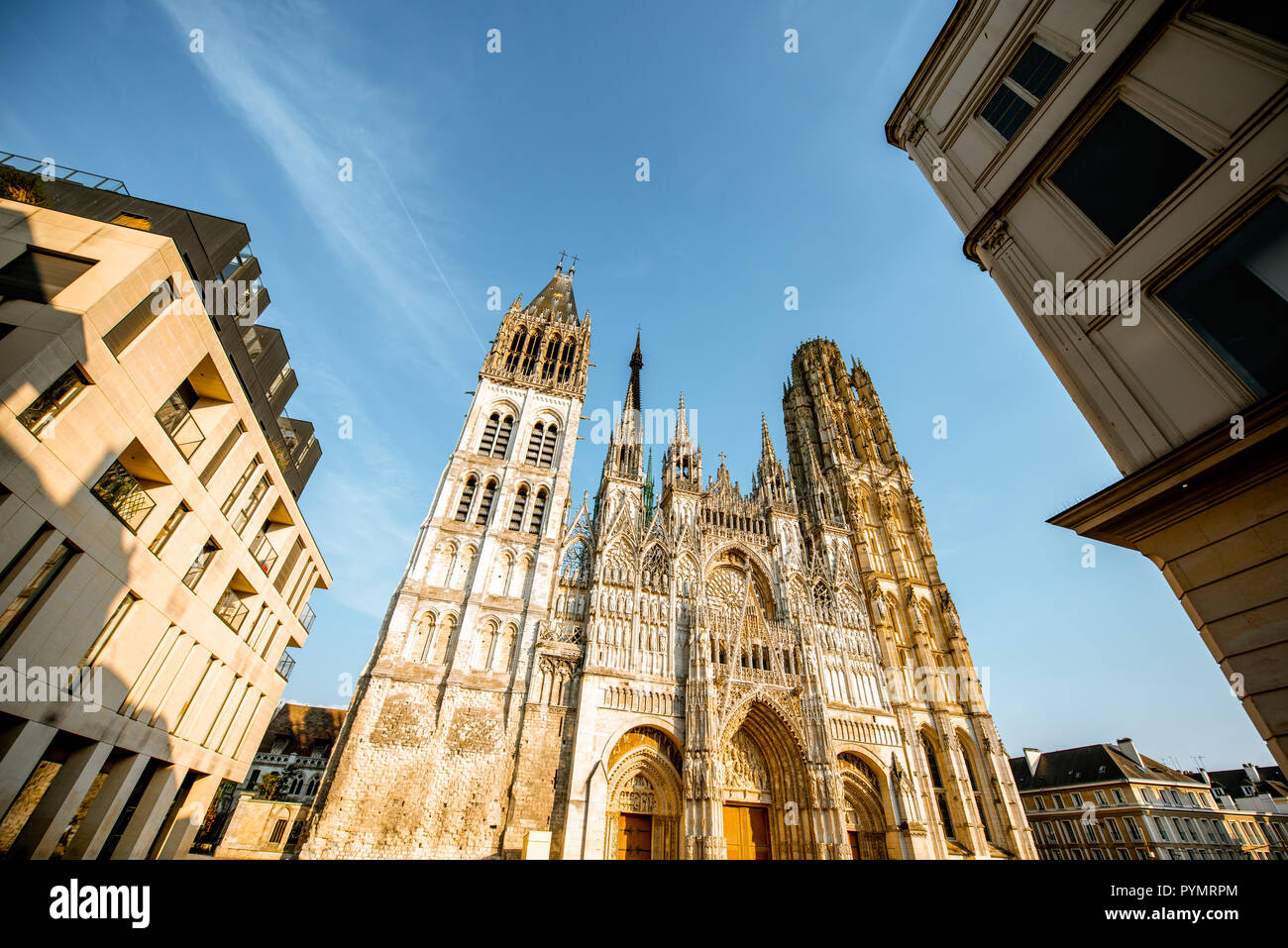 View from below on the facade of the famous Rouen gothic cathedral in ...