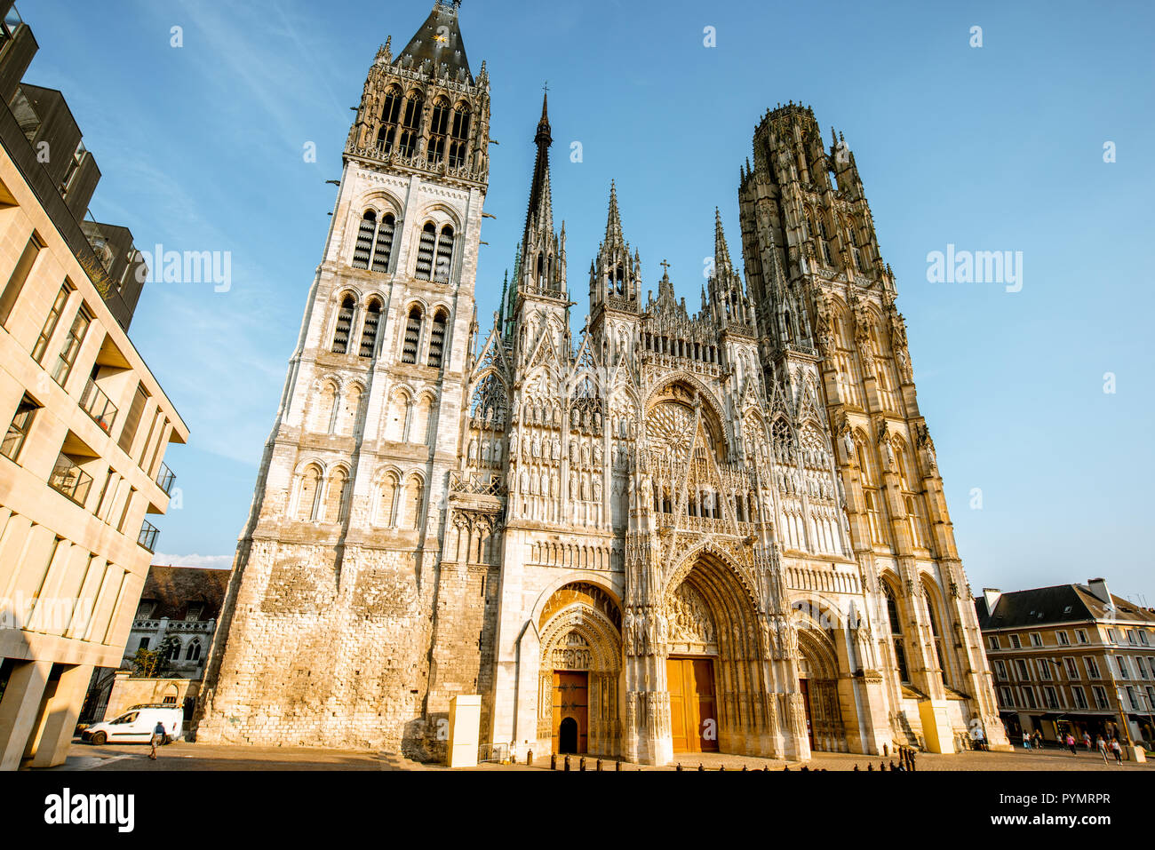 View from below on the facade of the famous Rouen gothic cathedral in ...
