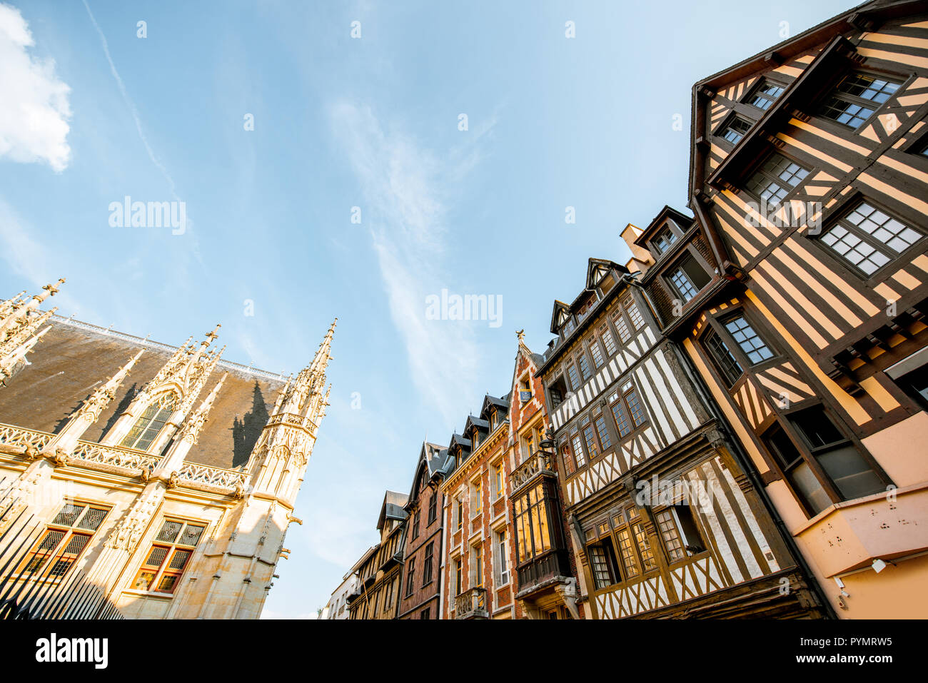 Ancient half-timbered houses on the street of the old town in Rouen ...