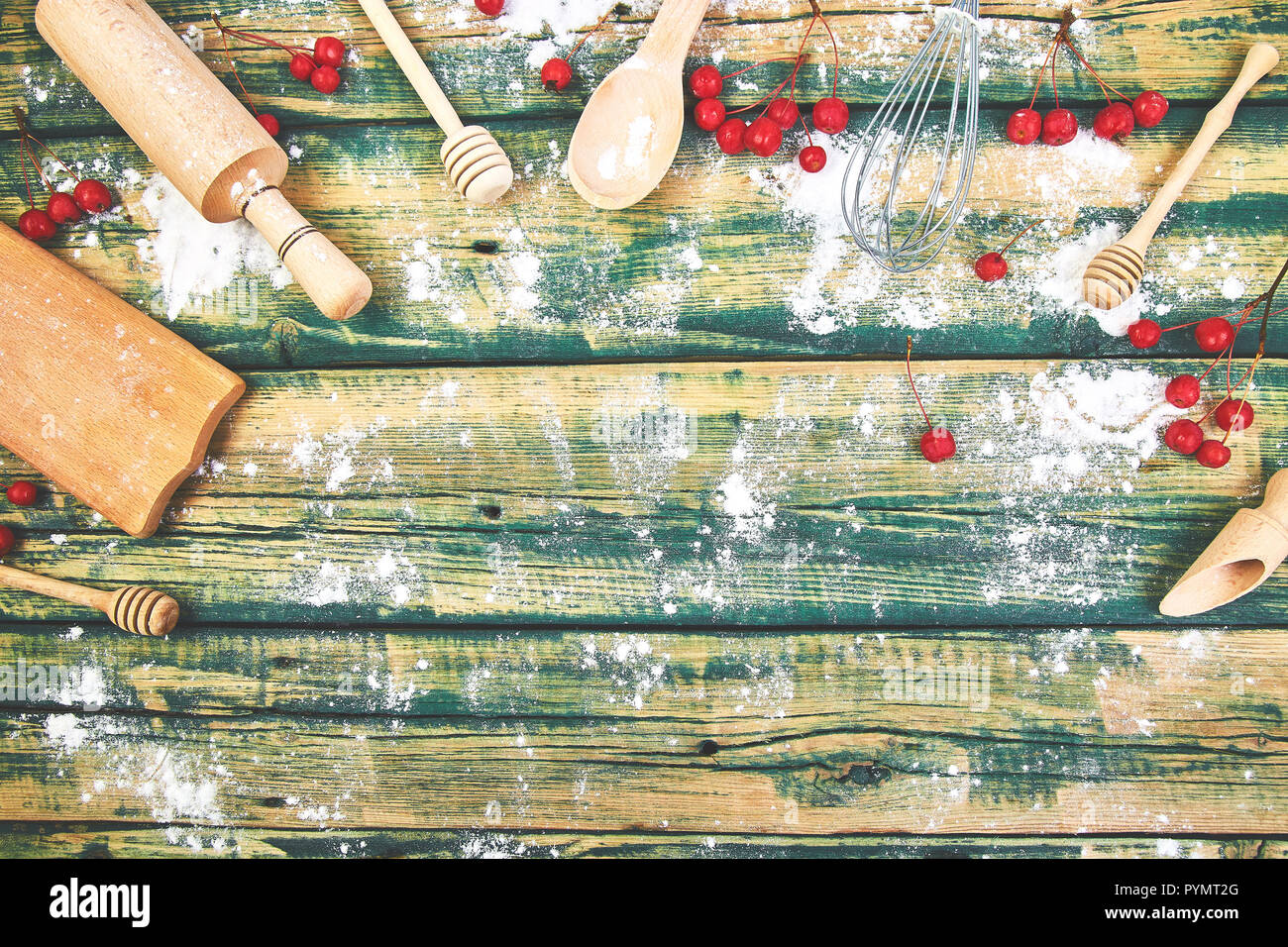 Cooking or baking food background with kitchen utensils, rolling pin ...