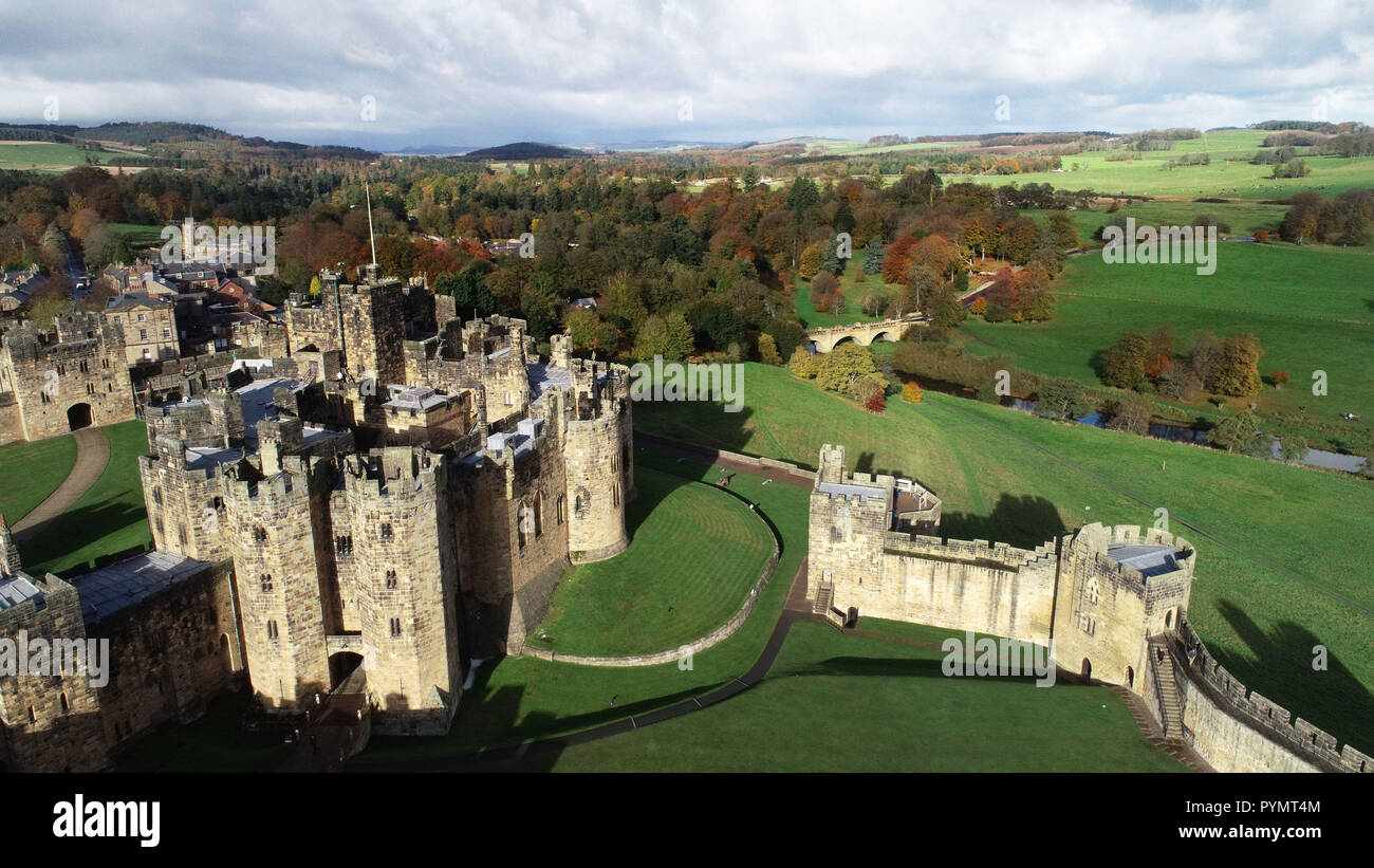 An aerial view of a Alnwick Castle, Northumberland, surrounded by ...