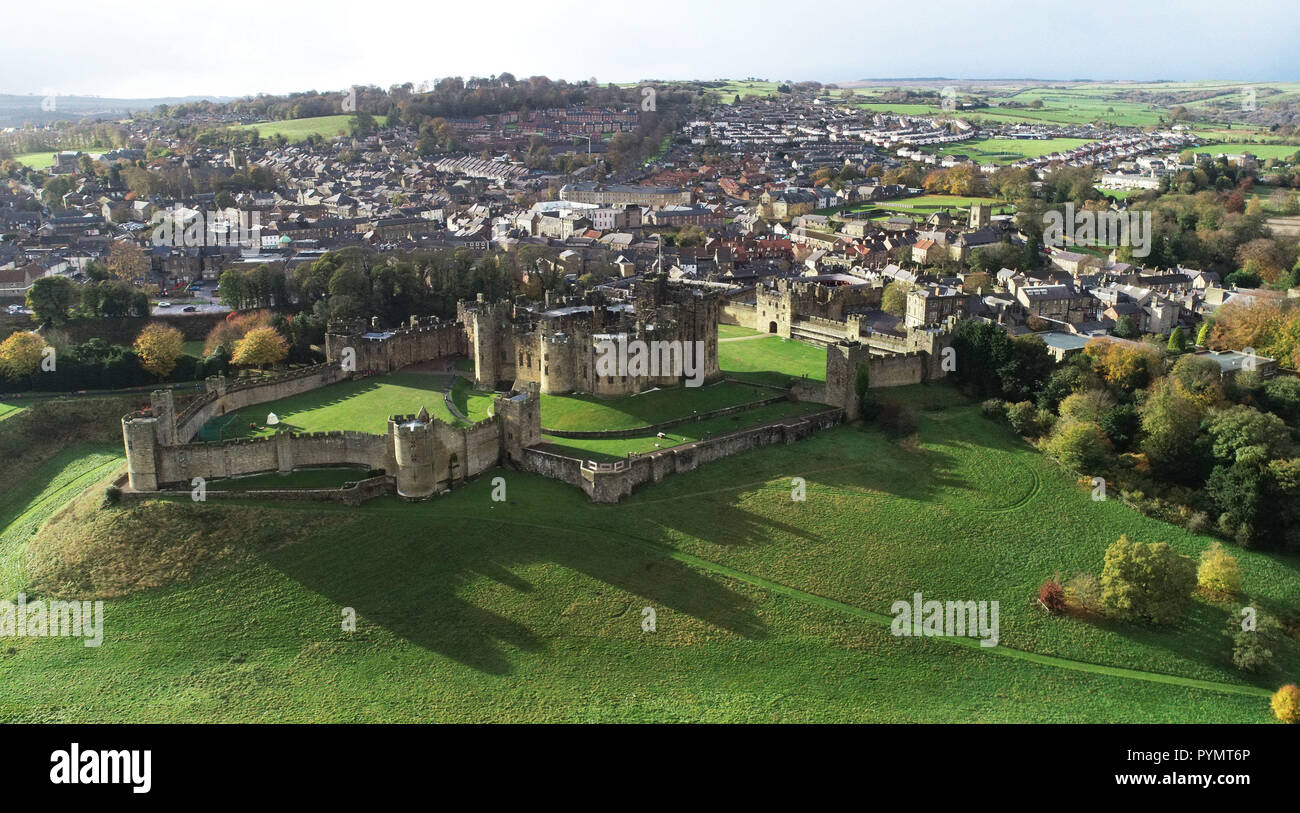 An aerial view of a Alnwick Castle, Northumberland, surrounded by ...