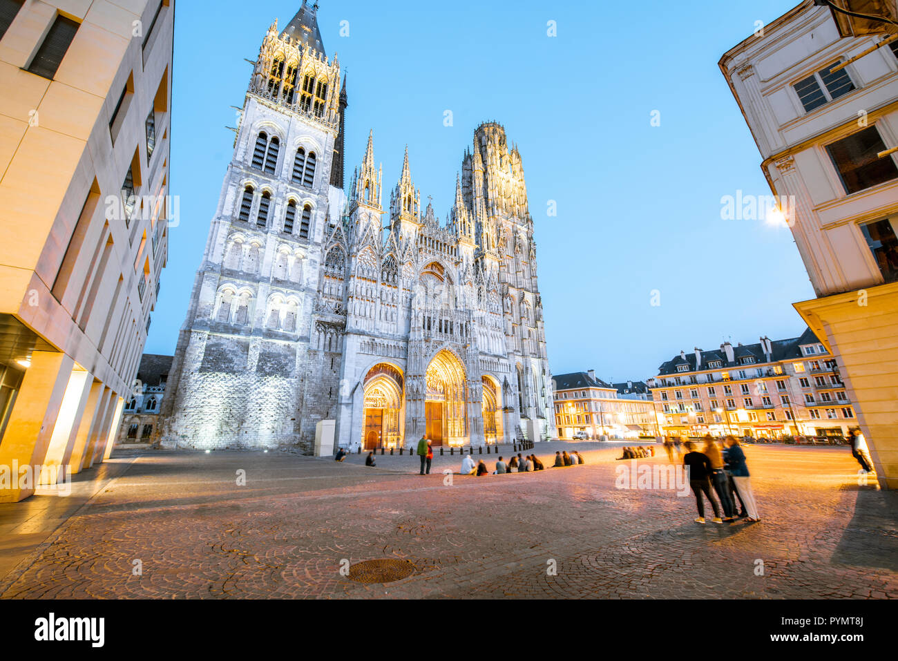Night view on the famous illuminated cathedral in Rouen city, the ...