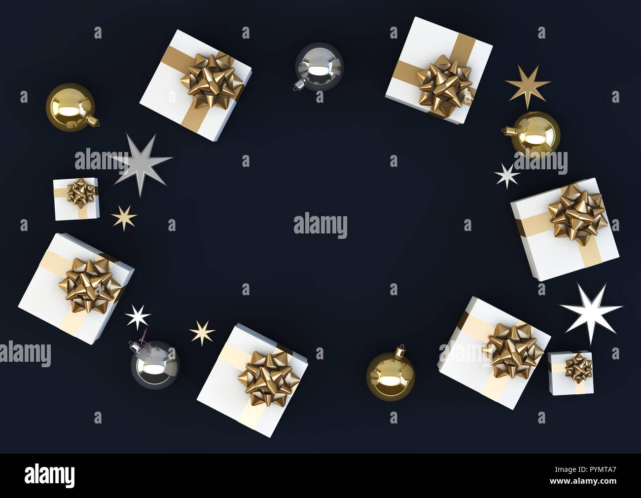 christmas top view with pleated and gold ornaments and big copyspace 3d ...