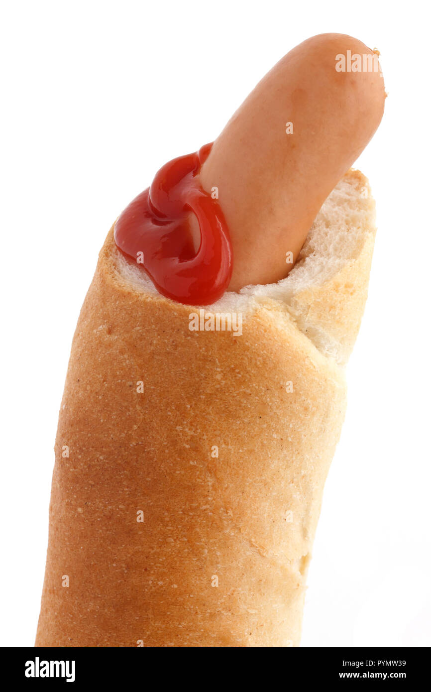 Traditional european hotdog in a crispy bread roll and with ketchup ...