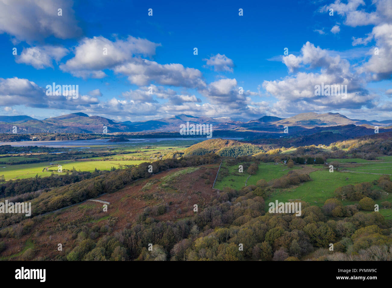 Overhead aerial view of countryside and mountains in North Wales Stock ...