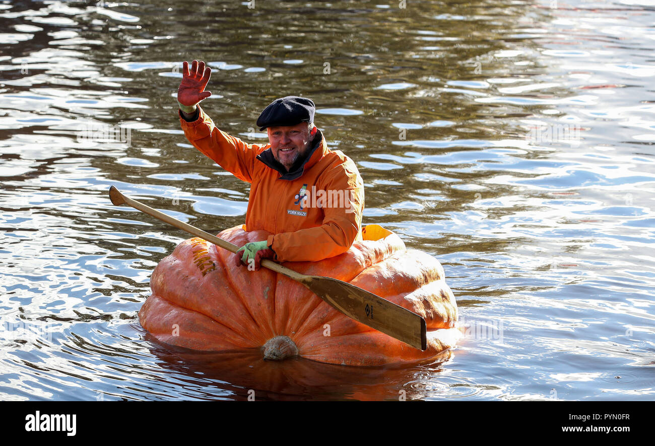 Tom Pearcy rowing a pumpkin boat down the River Ouse in York Stock ...
