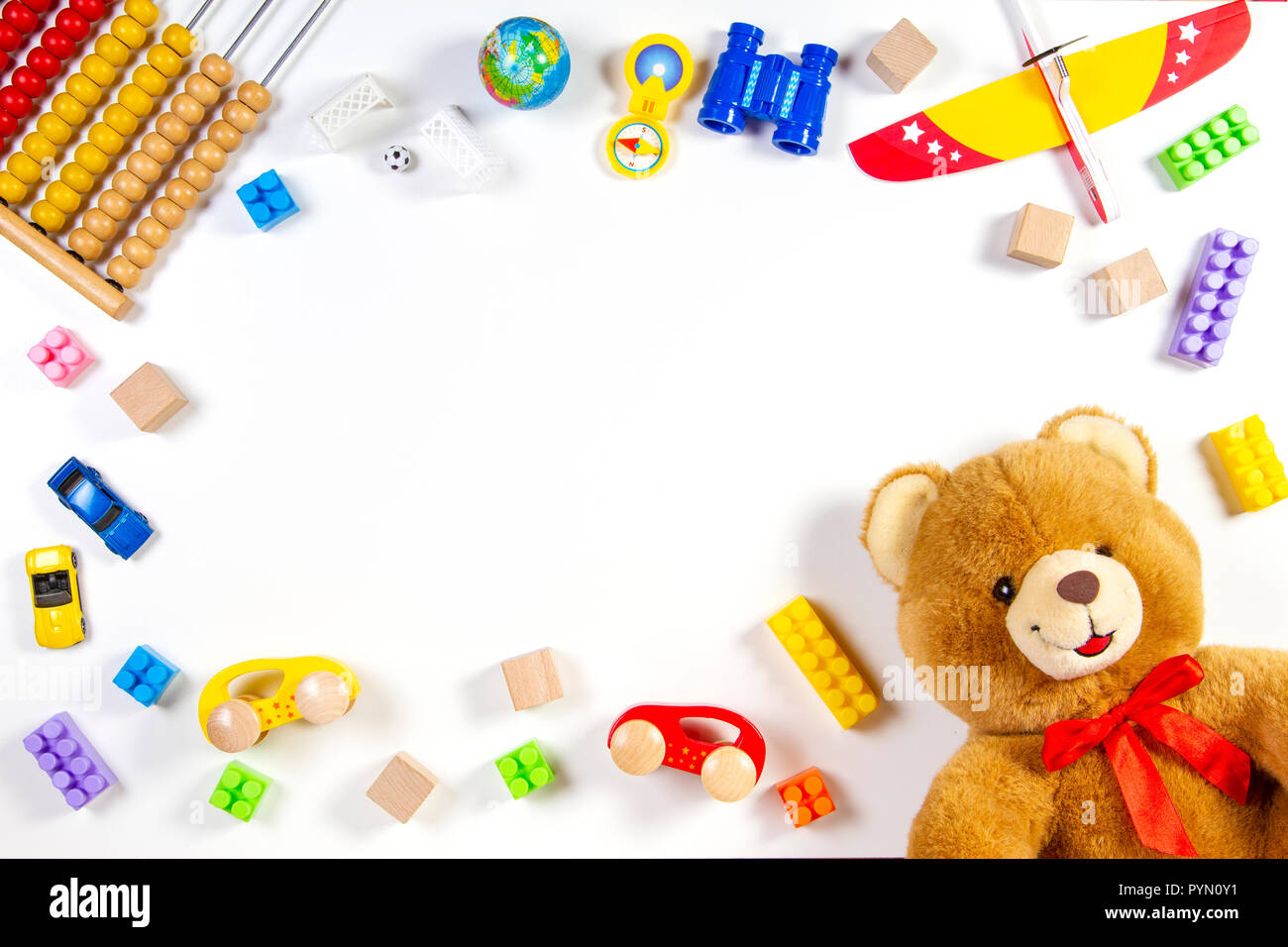 Colorful kids toys frame on white background. Top view. Flat lay Stock ...