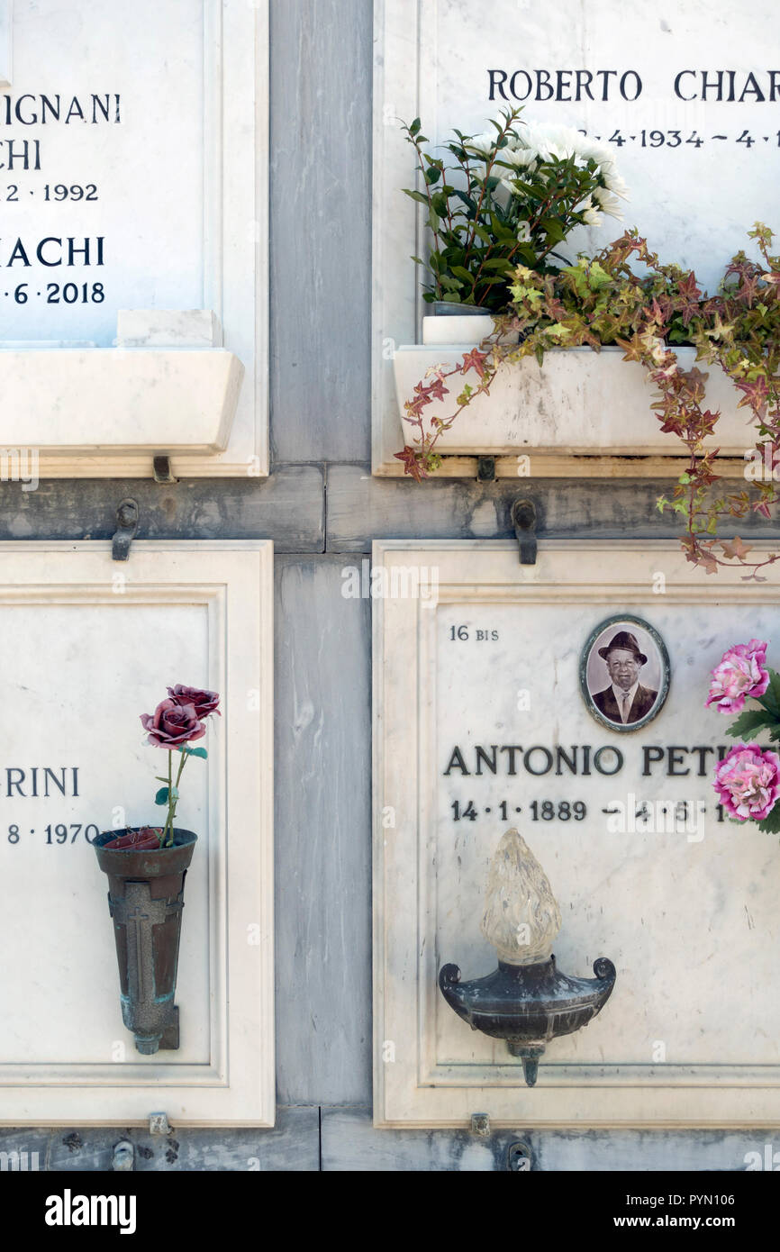 Commemorative plaque on a gravestone in a cemetery with the old image ...
