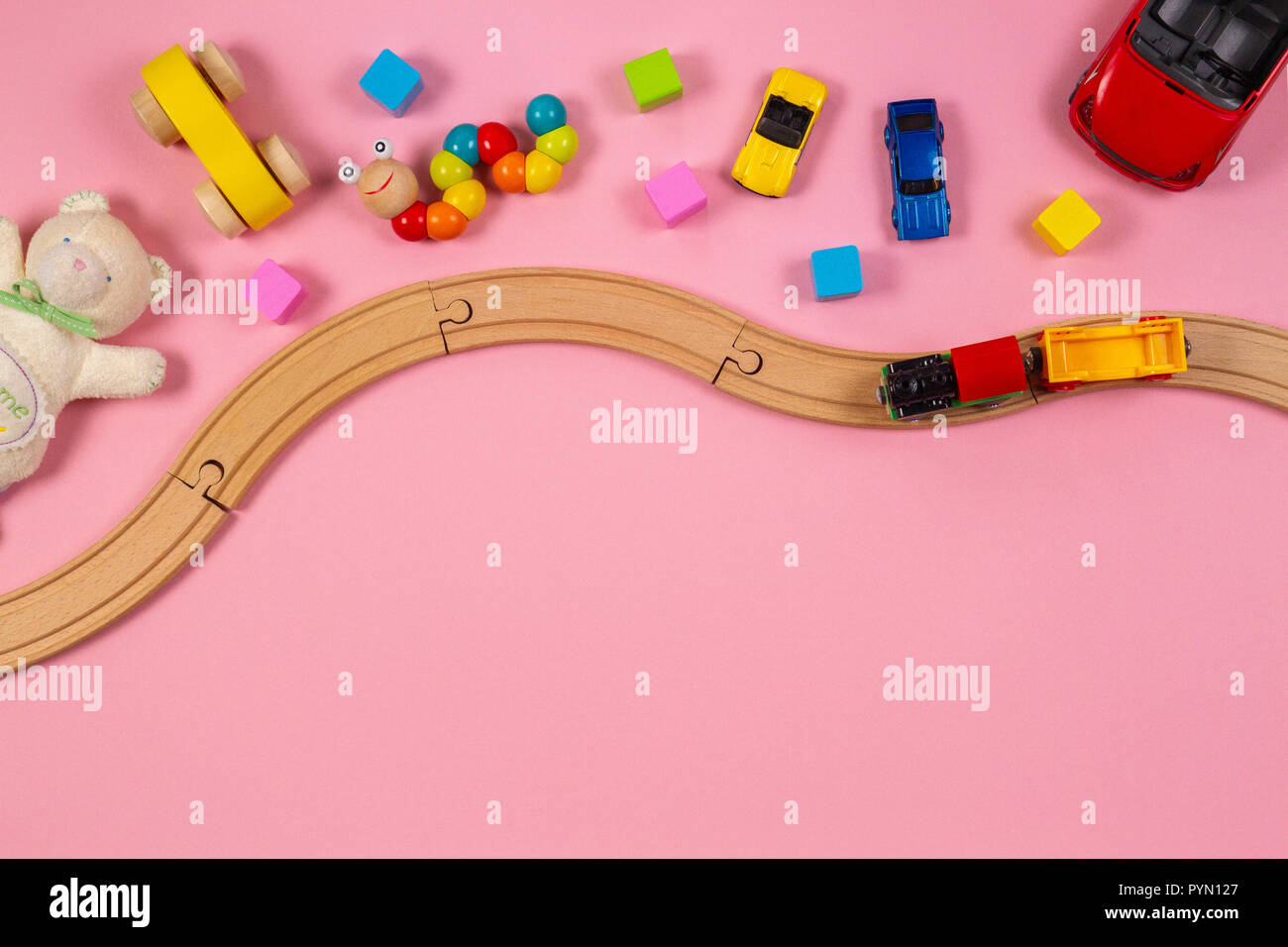Baby kids toys frame with toy car, wooden train, colorful cubes, teddy ...