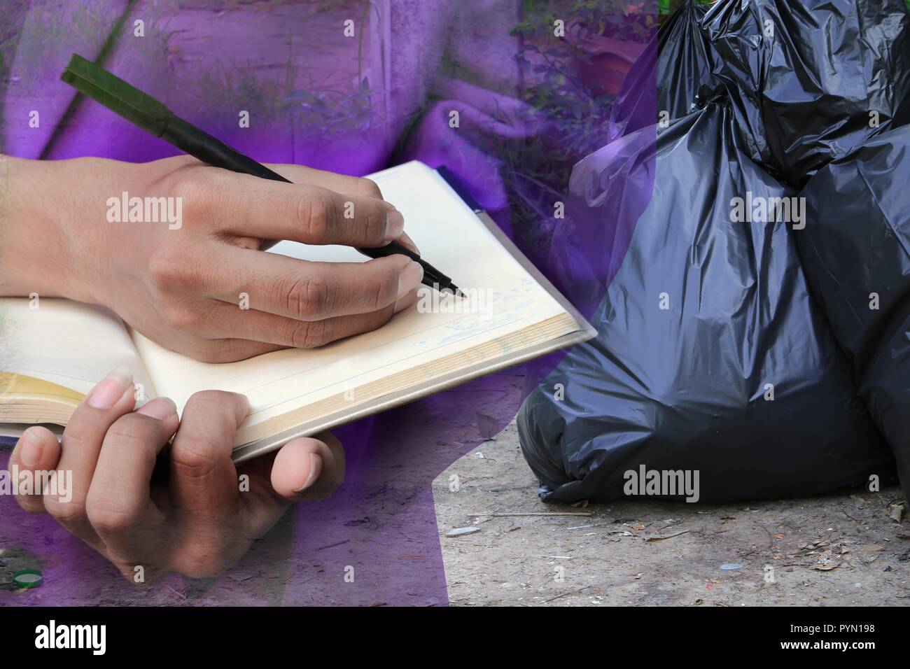 Businessman with notepad in hands signing documents on white background ...