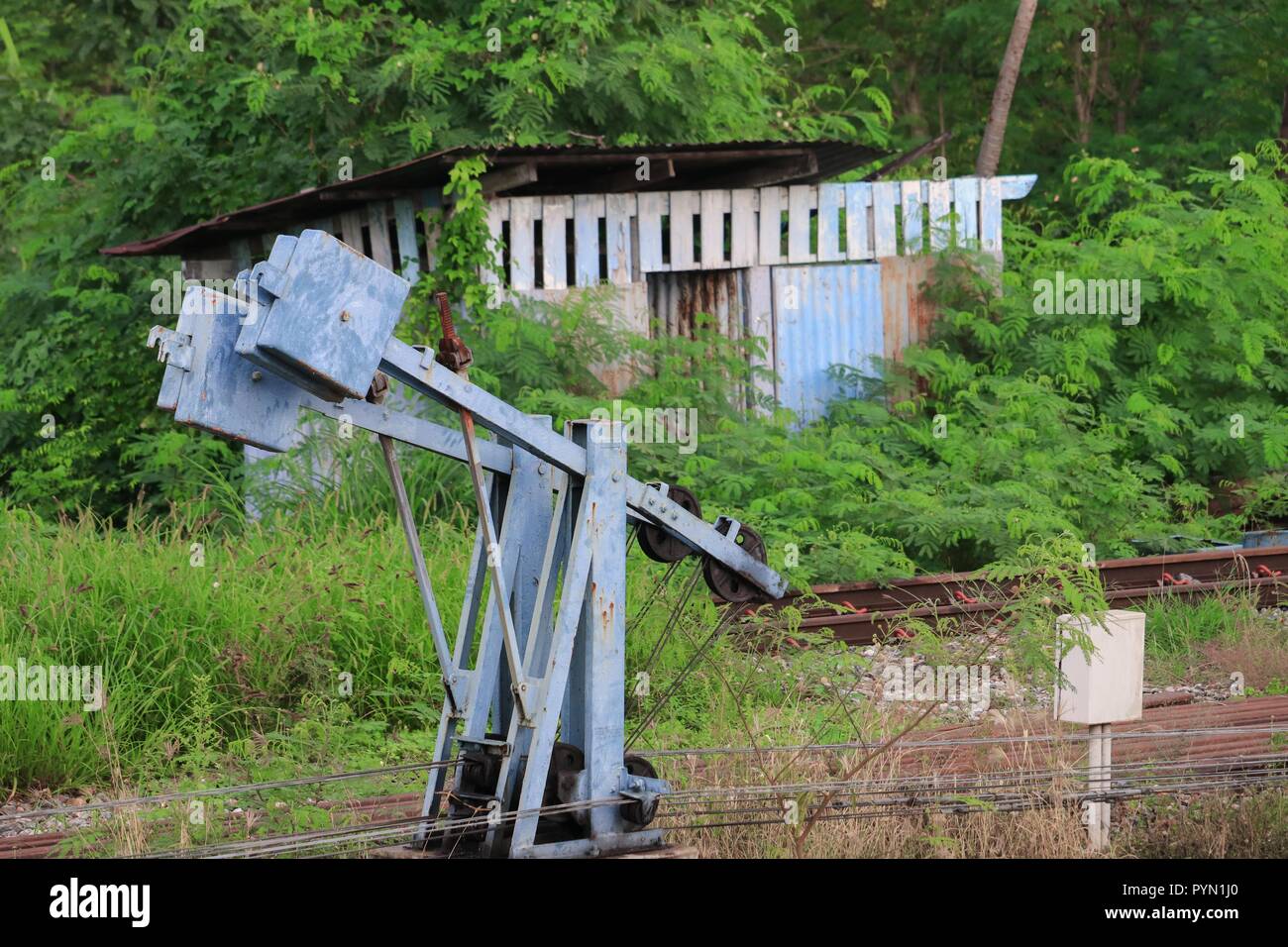 Hand-operated railroad switch with lever and signal Stock Photo - Alamy
