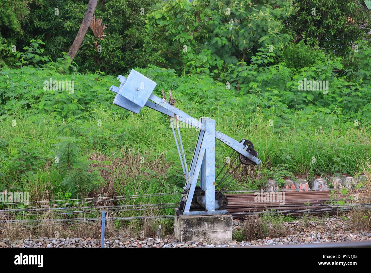 Hand-operated railroad switch with lever and signal Stock Photo - Alamy
