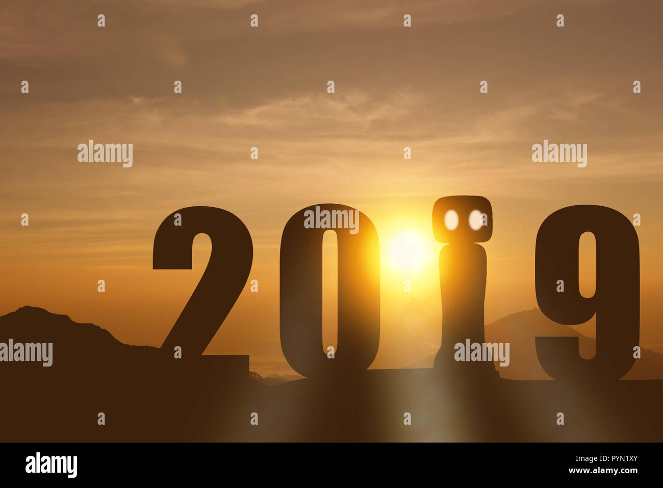 2019 year artificial intelligence or ai futuristic concept, Silhouette ...