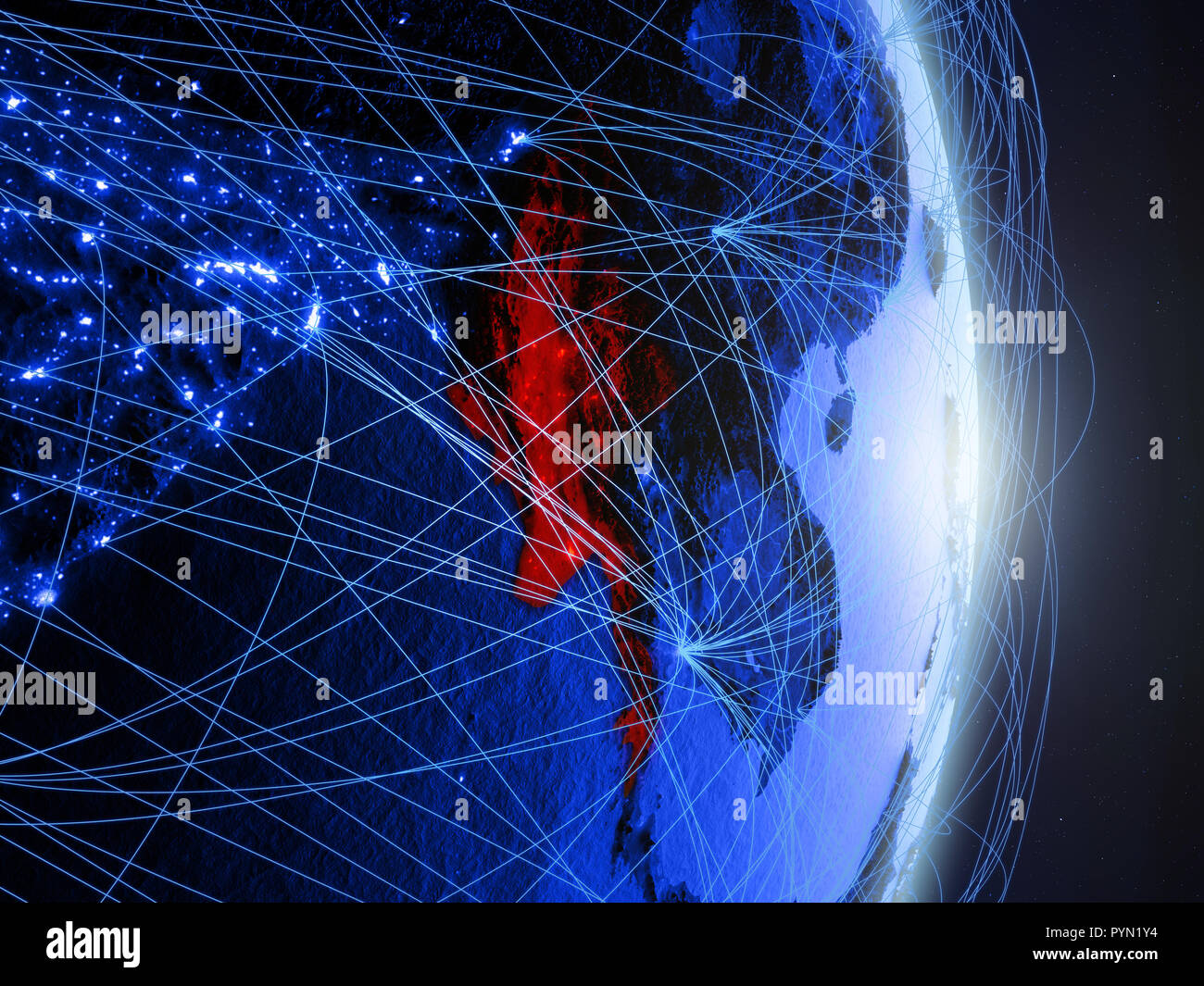 Myanmar on blue digital planet Earth with network. Concept of ...