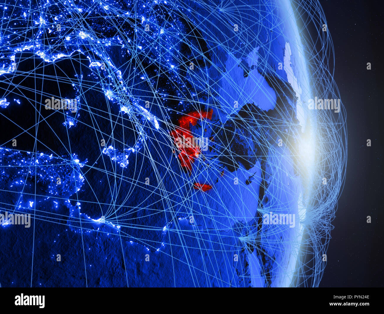 Greece on blue digital planet Earth with network. Concept of ...
