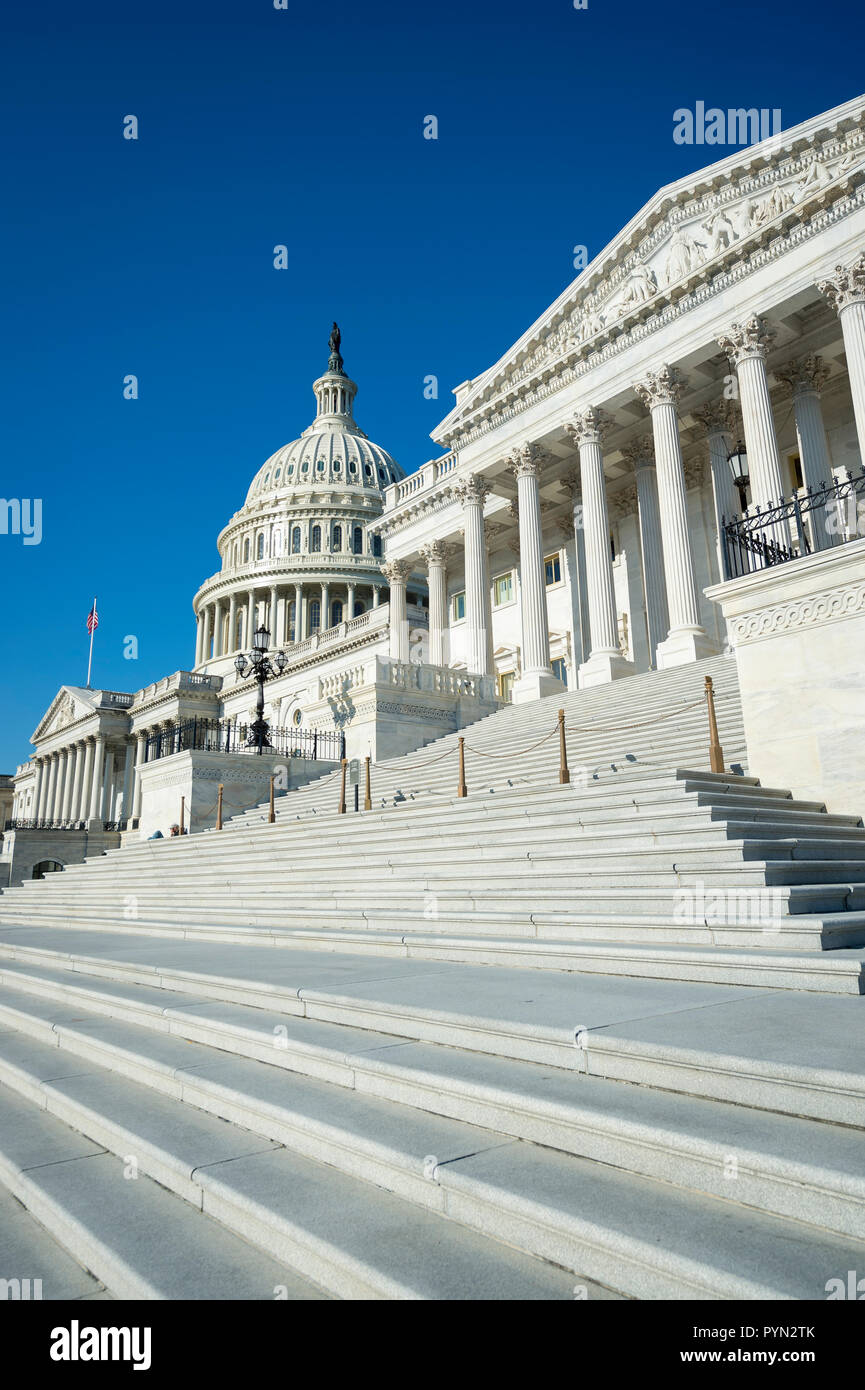 Close-up architectural detail view of the US Capitol Building dome with ...
