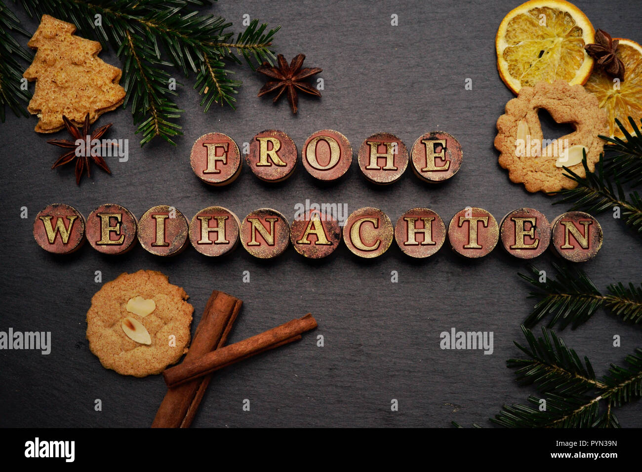 merry christmas card german greeting christkind gold Stock Photo - Alamy