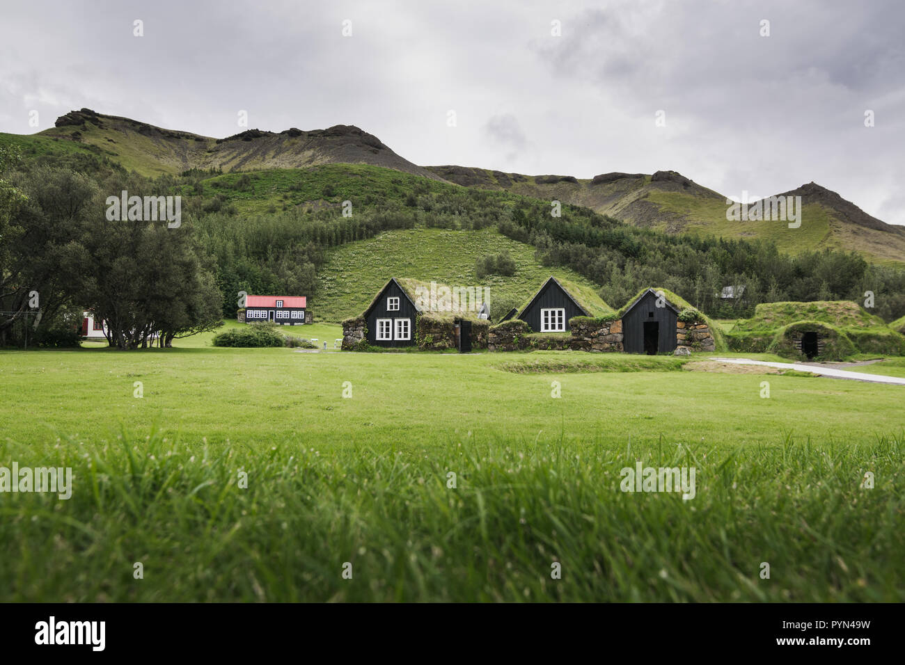 SKOGAR, ICELAND - AUGUST 2018: Traditional Icelandic turf houses with ...