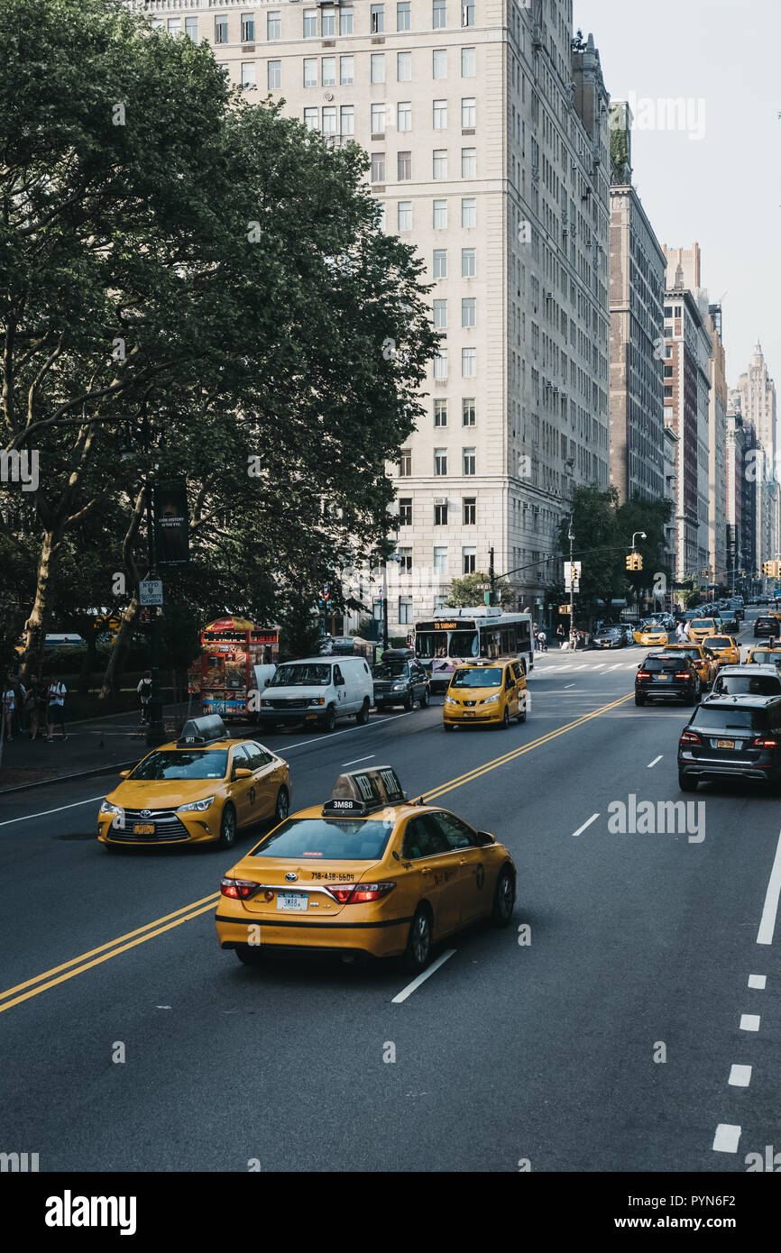New York, USA - June 1, 2018: Numerous yellow taxis on the street in ...