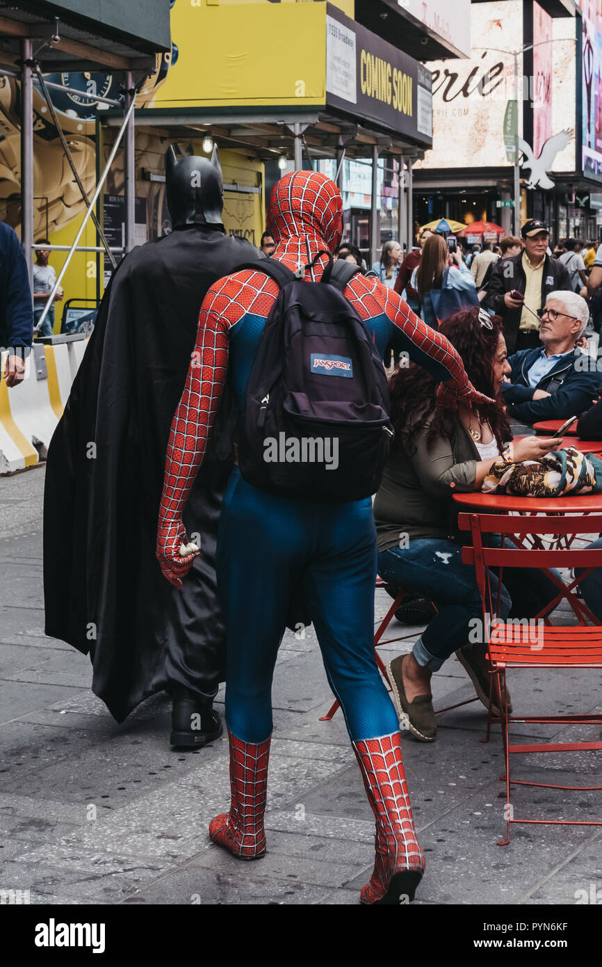 New York, USA - May 28, 2018: People dressed in Batman and Spiderman ...