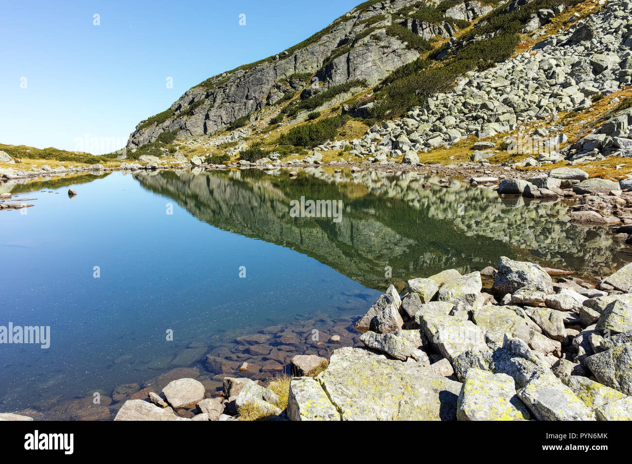Amazing landscape with mountain lake, Rila Mountain, Bulgaria Stock ...