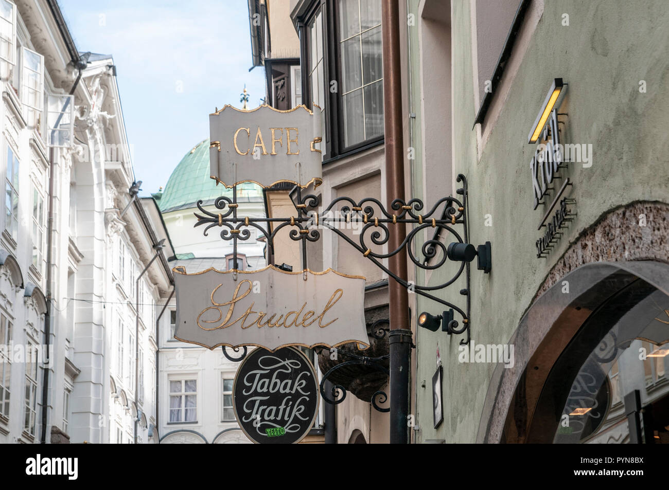 Coffee and Strudel shop sign in Hofgasse Street Innsbruck, Austria ...