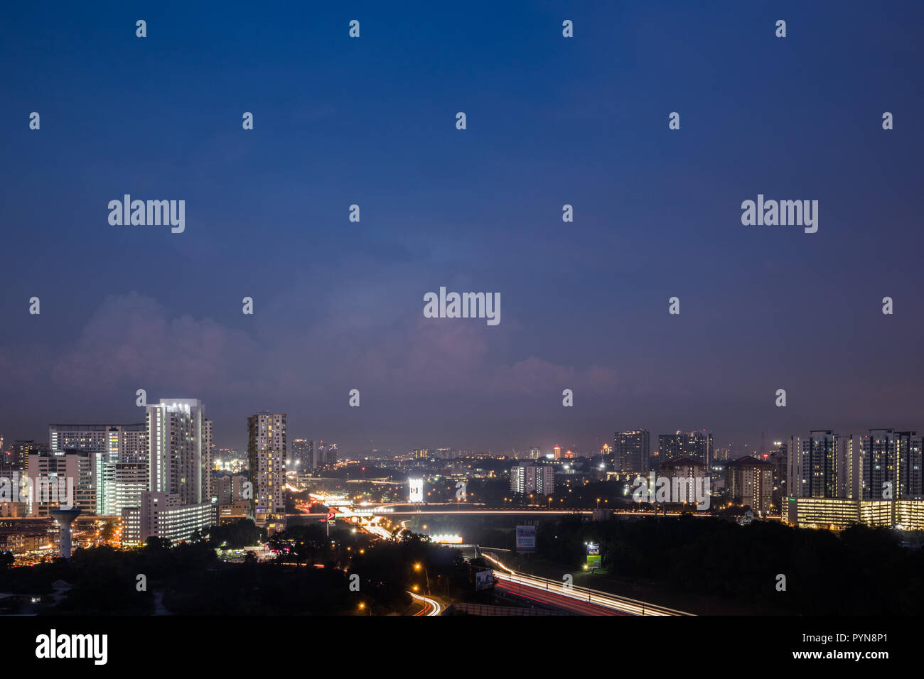 City scape during blue hour with office and apartment building Stock ...