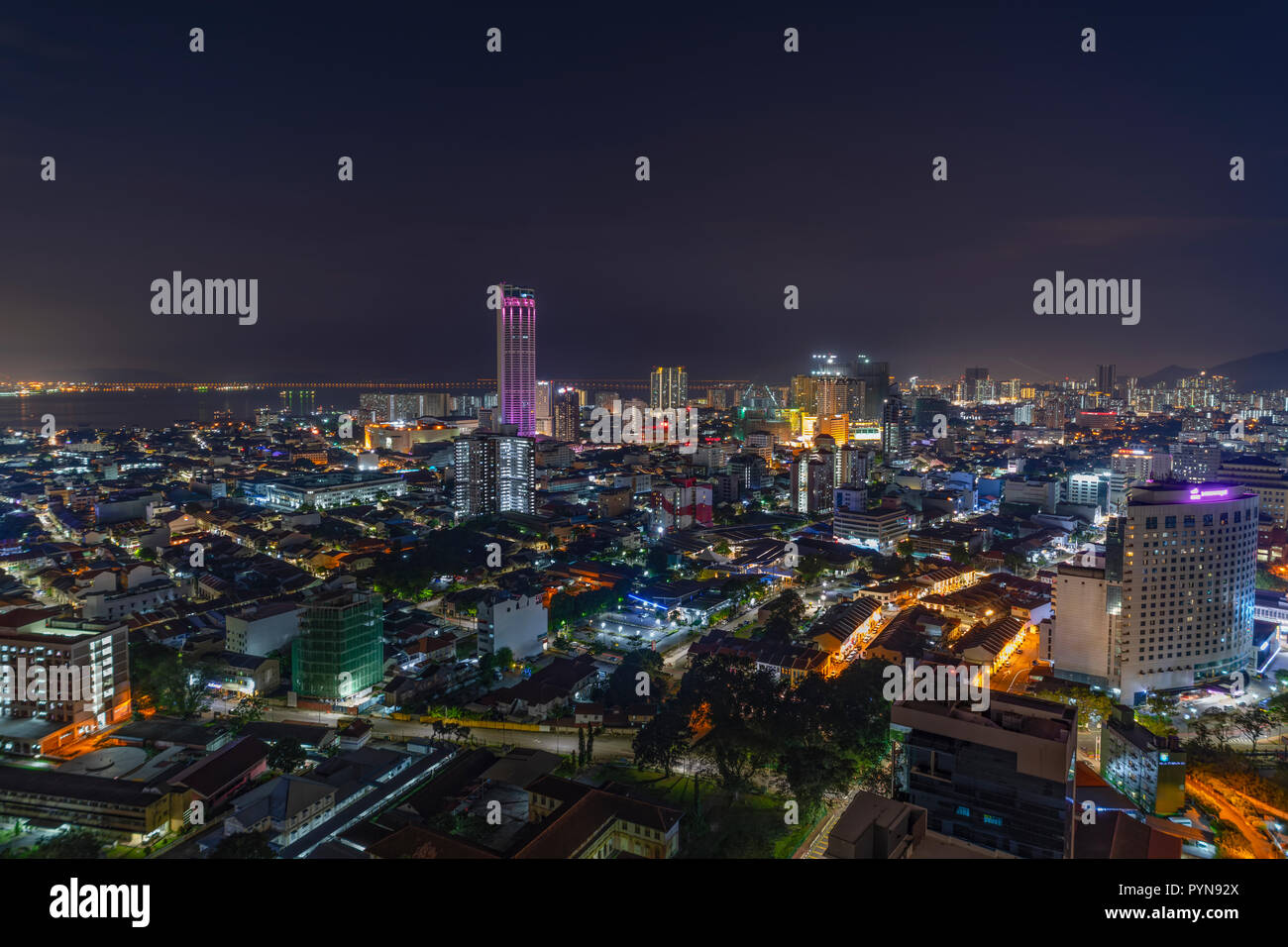 Aerial view of Penang night cityscape with illuminated building and ...