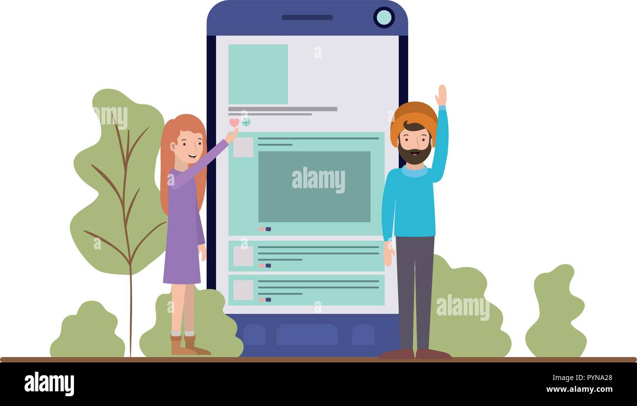 couple with smartphone in landscape avatar character Stock Vector Image ...