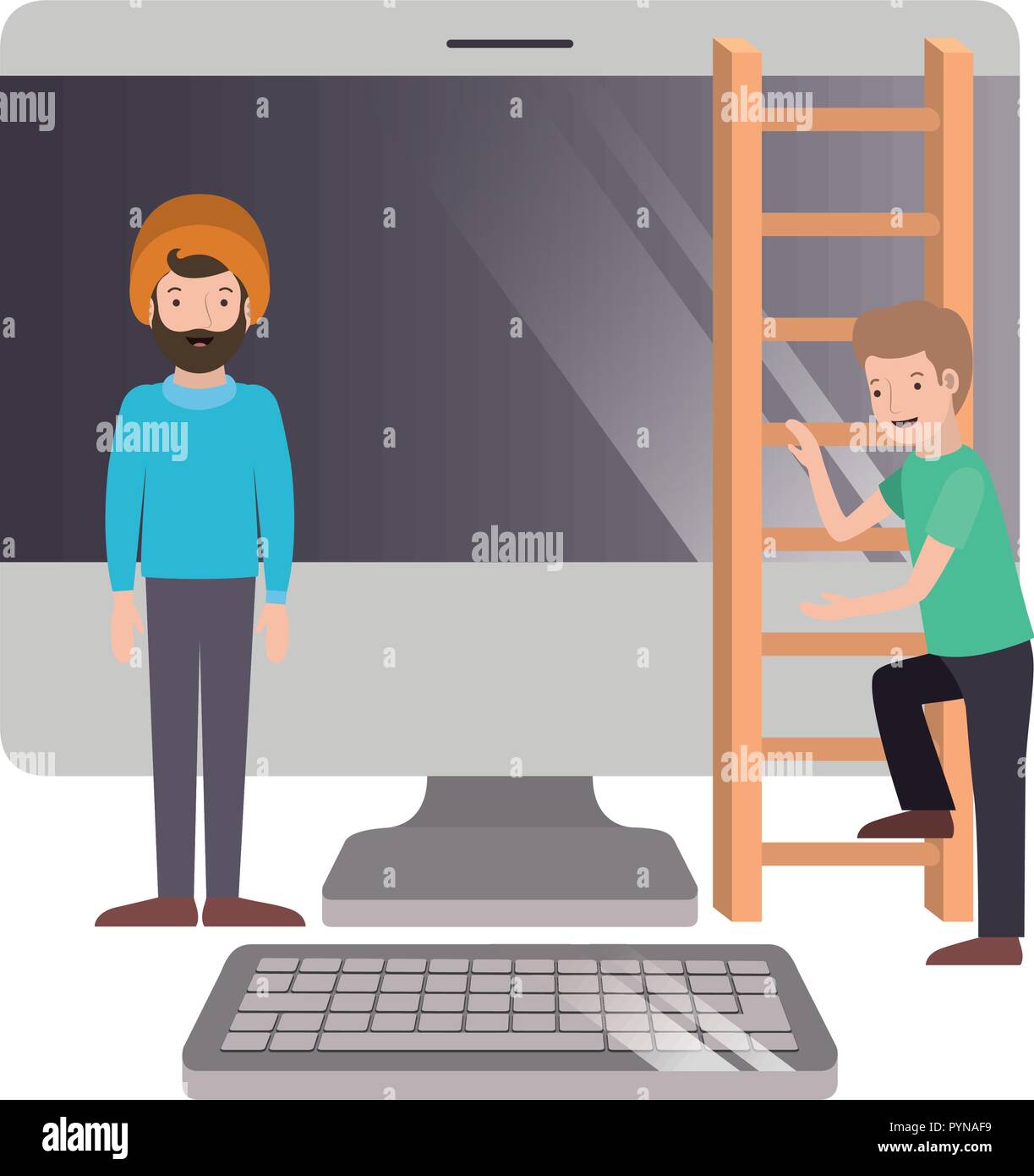 men with computer desktop and stair wood Stock Vector Image & Art - Alamy